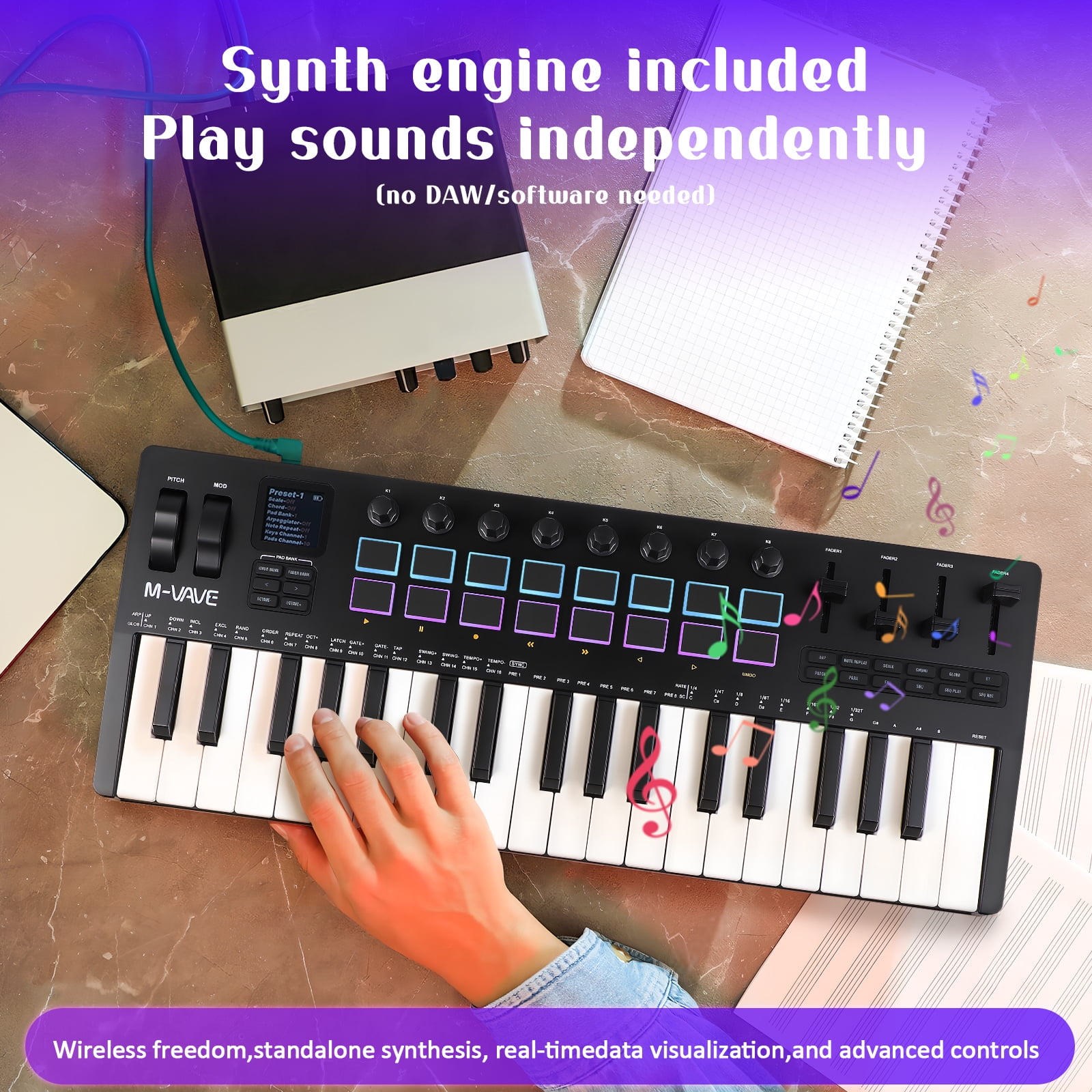 37-Key MIDI Keyboard Controller with 16 Backlit Drum Pads, Perfect for ...