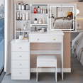 37" Left Bedside LED Dressing Table + Cushioned Stool, Large Sliding ...