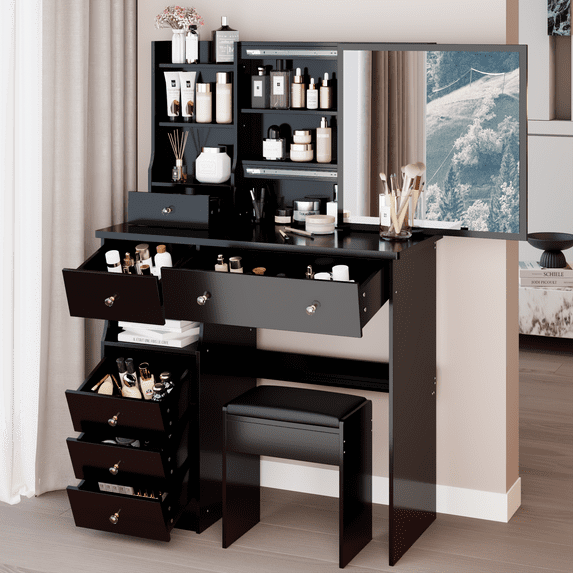 37" Left Drawer Desktop Makeup Vanity Table + Cushioned Stool, Extra ...