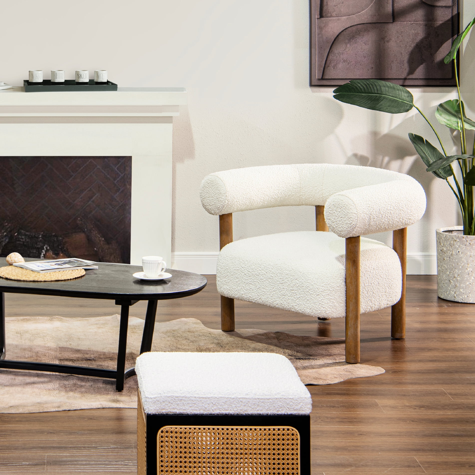 37" Mid Century Modern Arm Rest Chair, White Boucle. Upholstered With ...