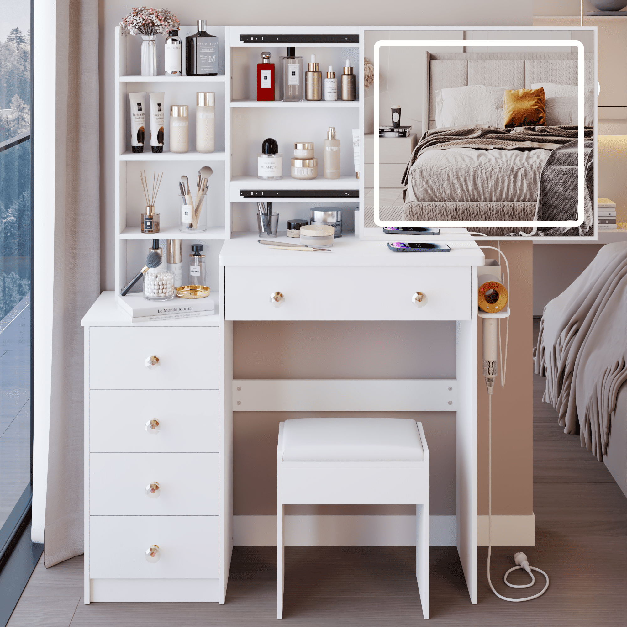 37" Middle Size Left Bedside Cabinet Vanity Table + Cushioned Stool Dresser Set, 2 AC+2 USB ...