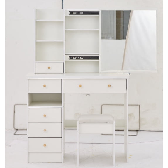 37" Middle Size Left Drawer Desktop Vanity Table + Cushioned Stool ...