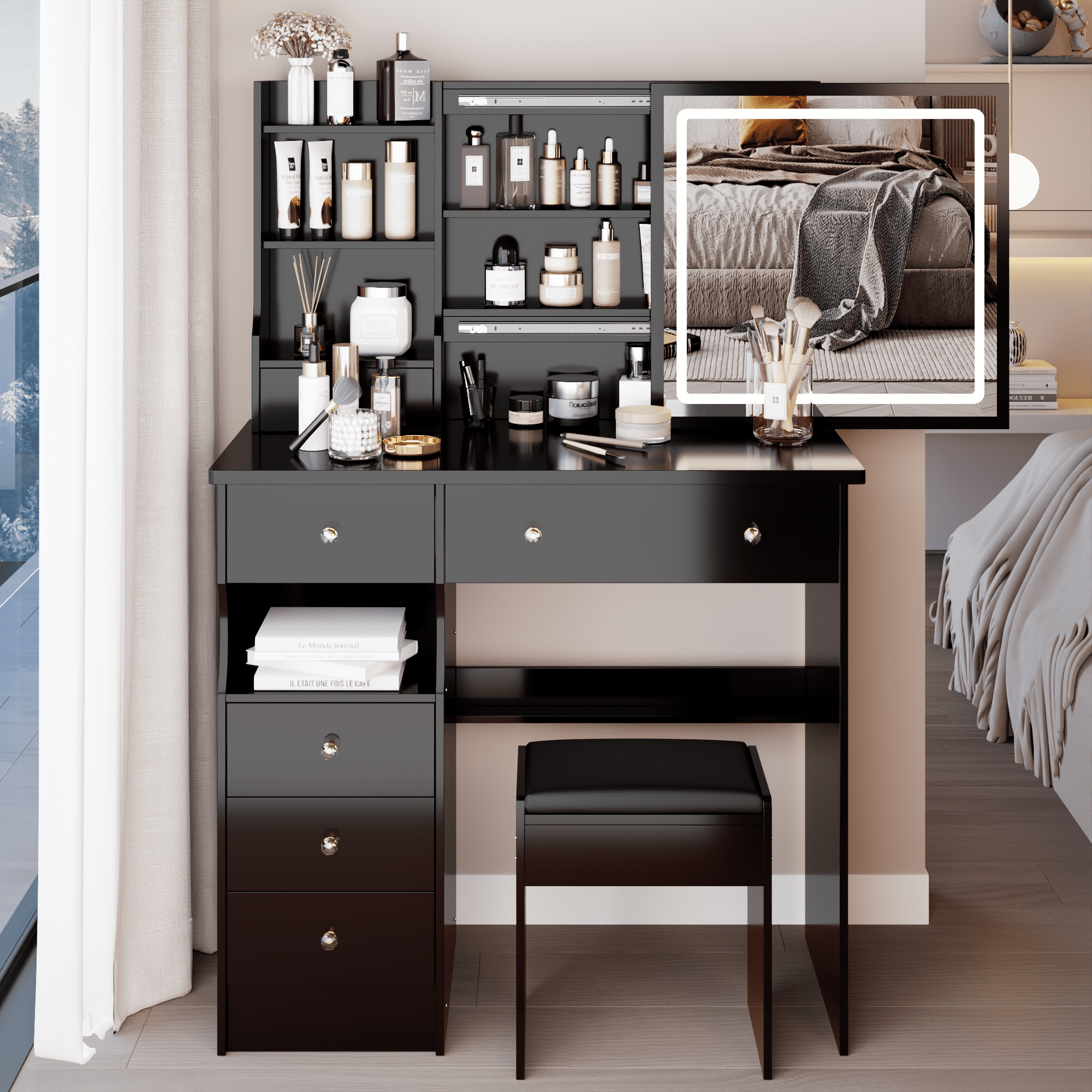 37" Middle Size Left Drawer Desktop Vanity Table + Cushioned Stool ...