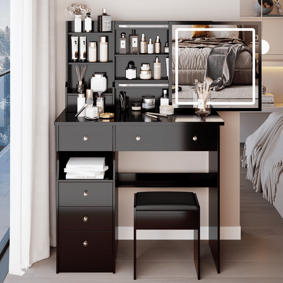 37" Middle Size Left Drawer Desktop Vanity Table + Cushioned Stool ...