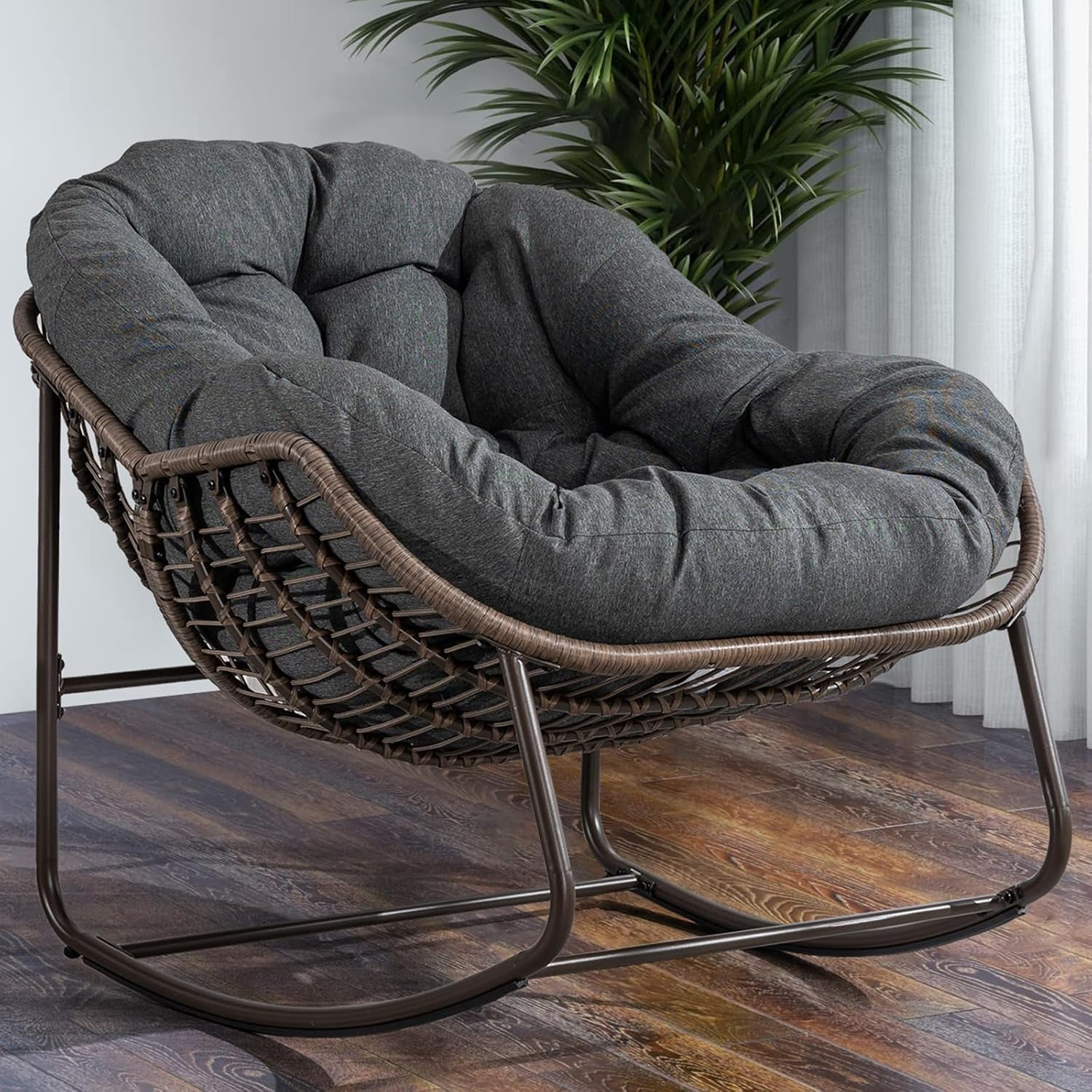 37” Papasan Rocking Chair with Cushion and Steel Frame, Oversized ...
