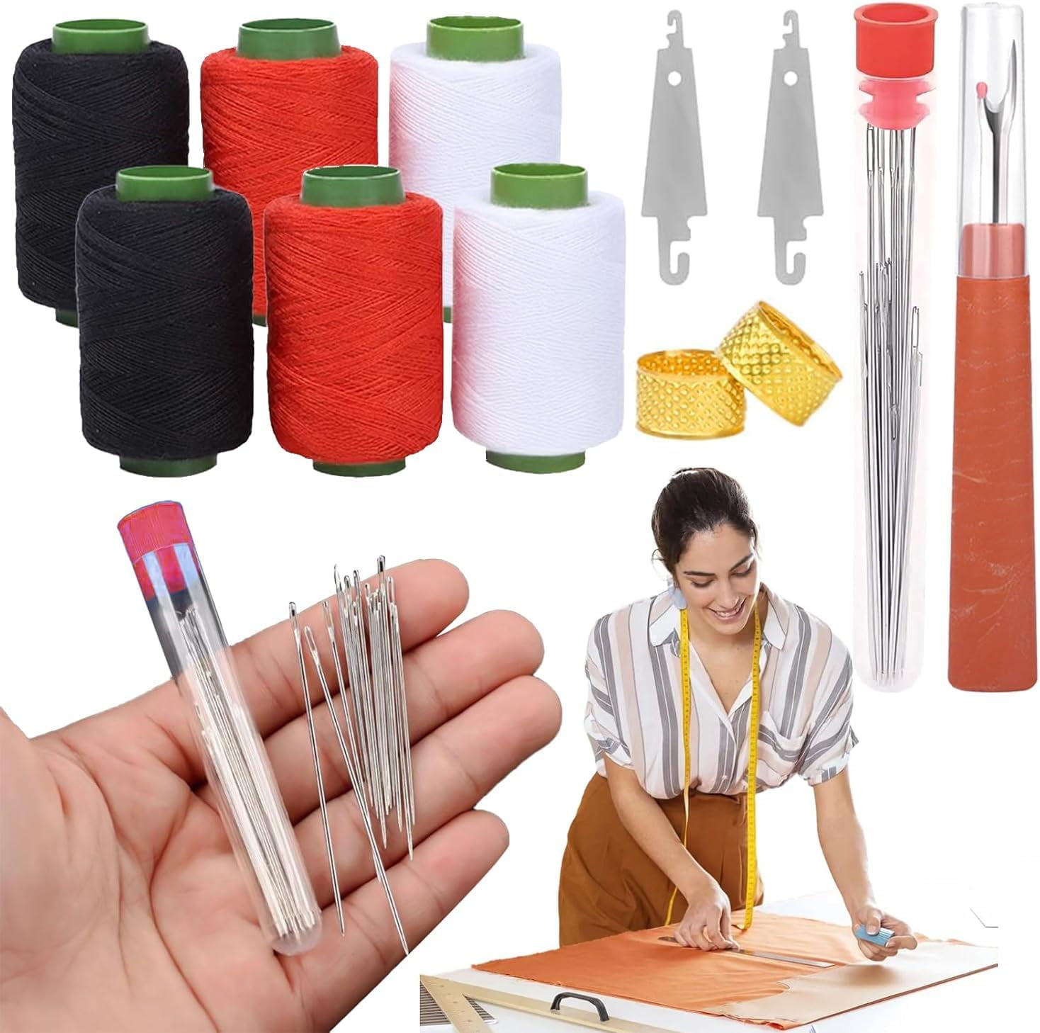 37 Piece Big Eye Steel Sewing with Sewing Tool Set Needle and Thread ...