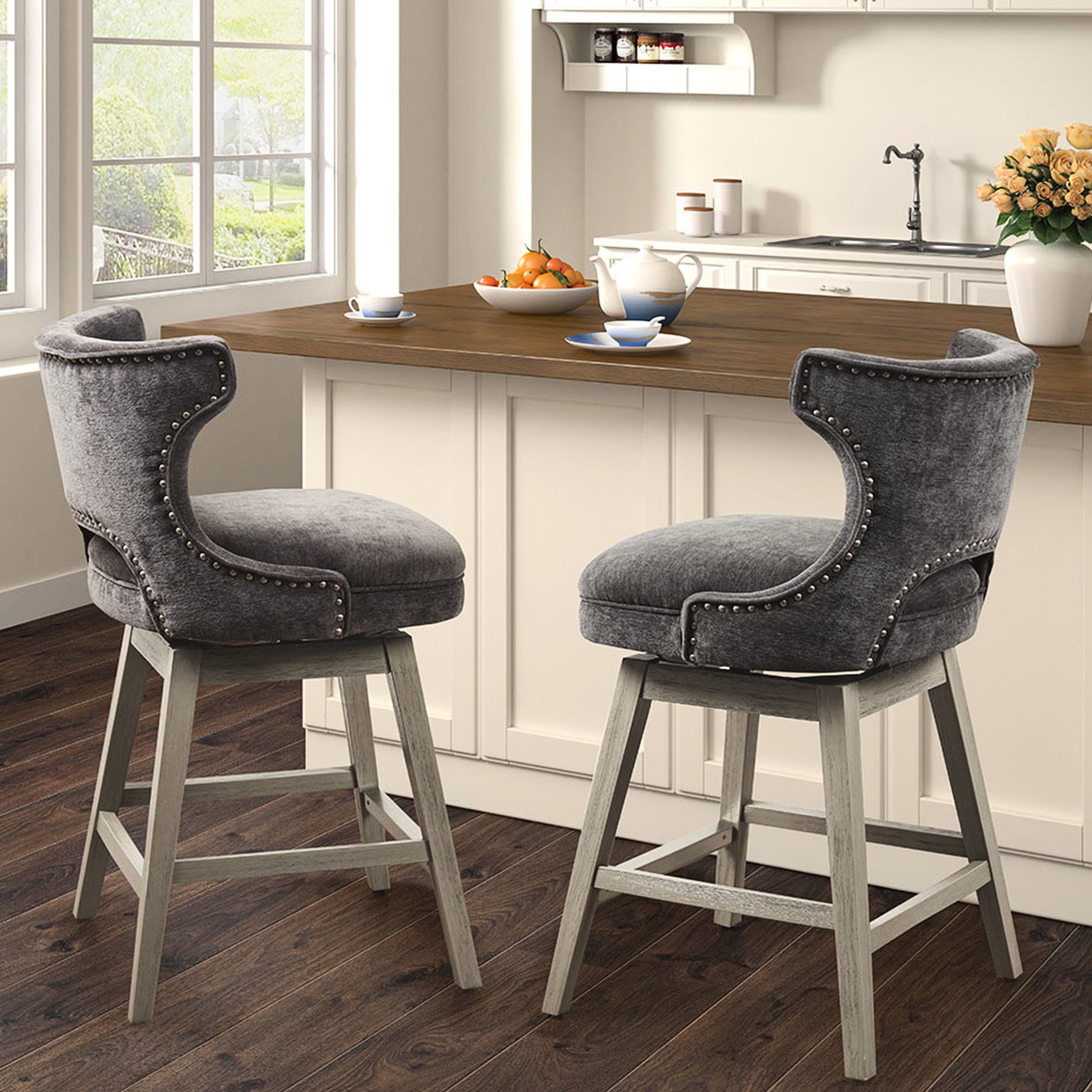 37" Tall Swivel Counter Stool | No Auto Return, Silver Metal Kickplate ...