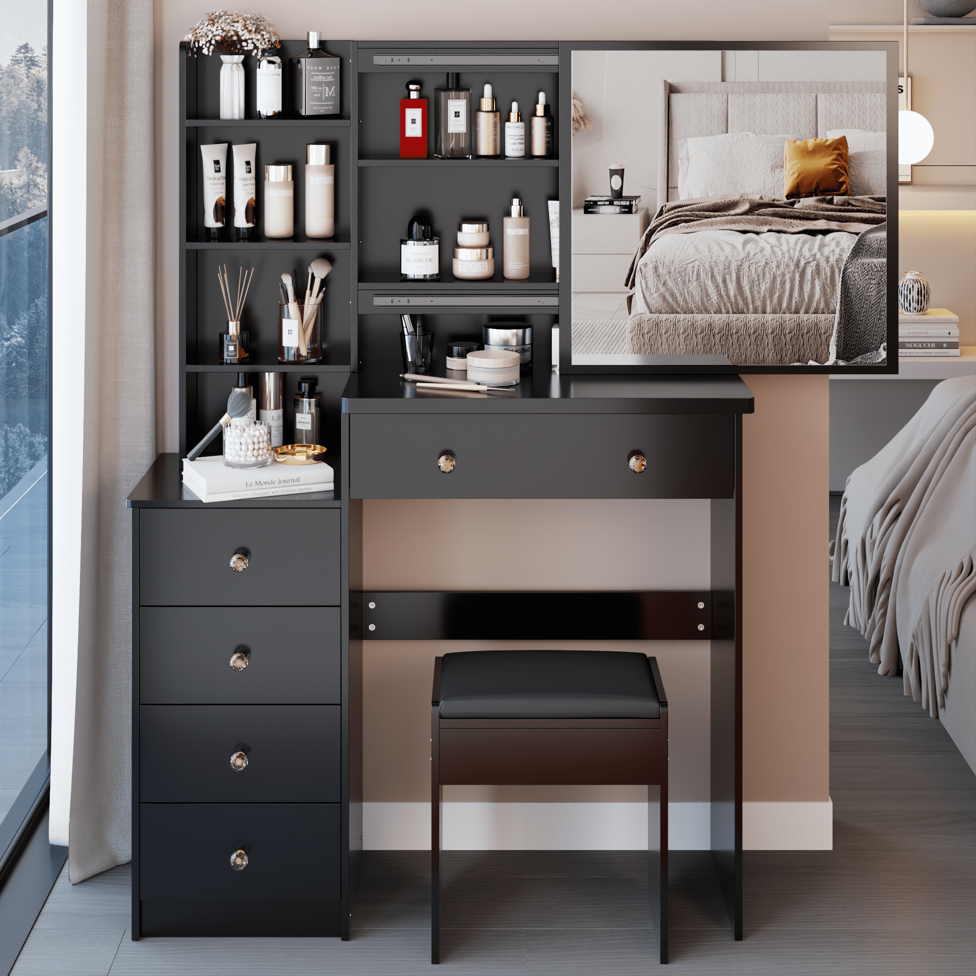37" Vanity Dressing Table with Sliding Mirror & Cushioned Stool, Multi ...