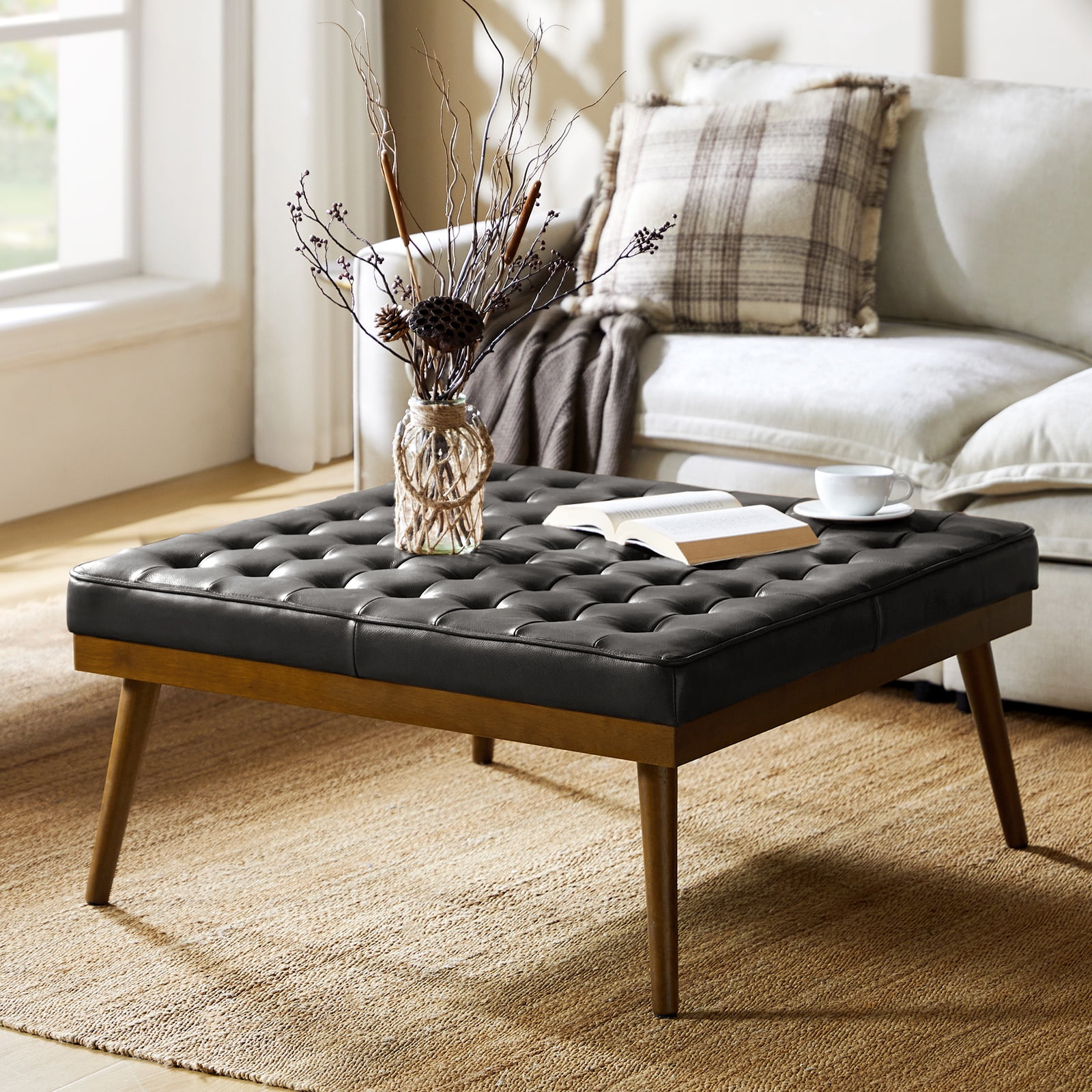 37" Wide Genuine Leather Coffee Table Modern Square Ottoman Wooden Legs ...