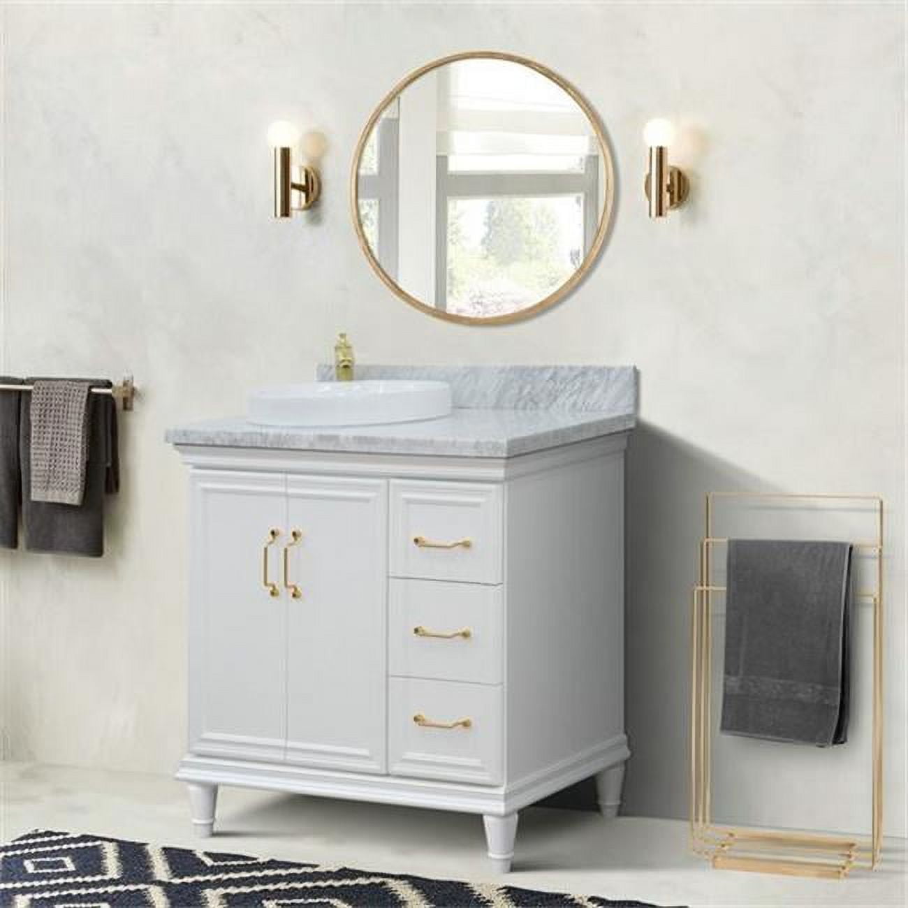 37 in. Single Round Sink Vanity with Carrara Marble Top, White - Left ...