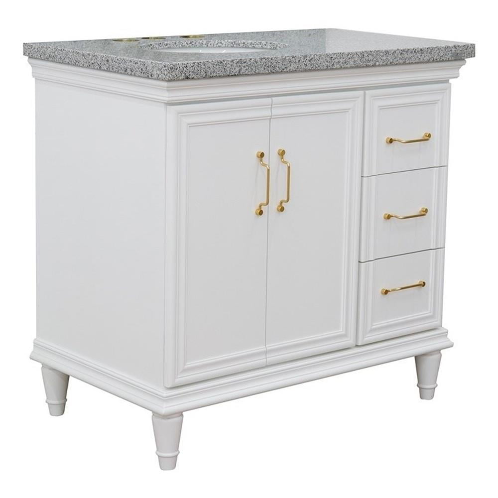 37 in. Single Wooden Vanity White Gray Granite Oval Left Door.Left Sink ...