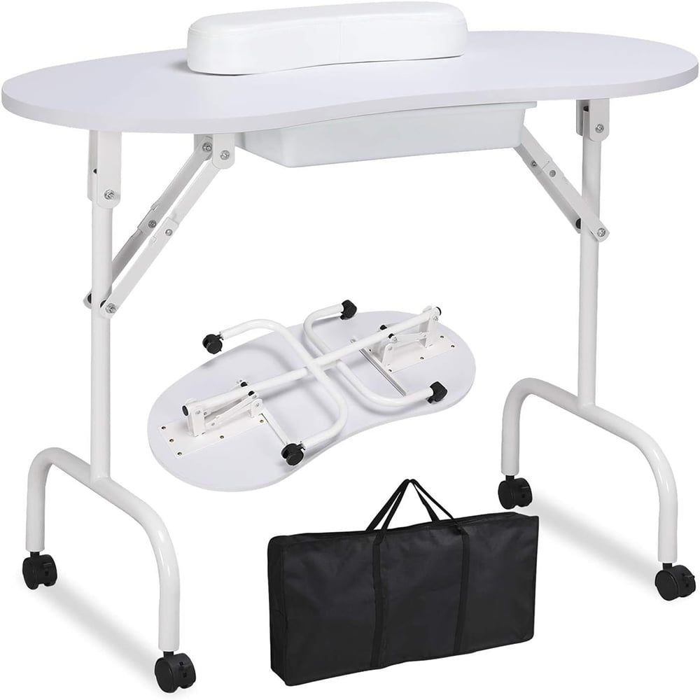 37 Inch Foldable Manicure Table with Large Drawer, Wrist Pad, Lockable ...