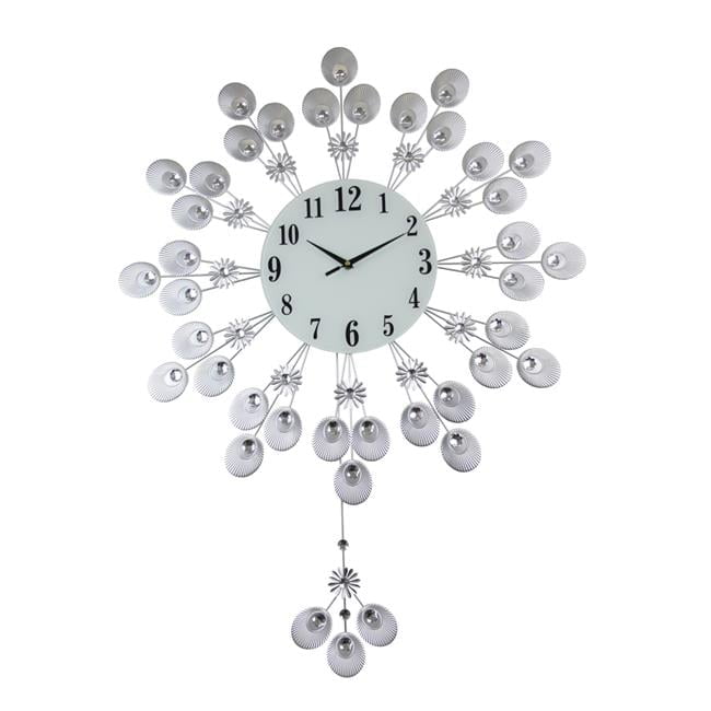 37 x 27 in. Round Wall Clock, Silver Peacock Feather Style with ...