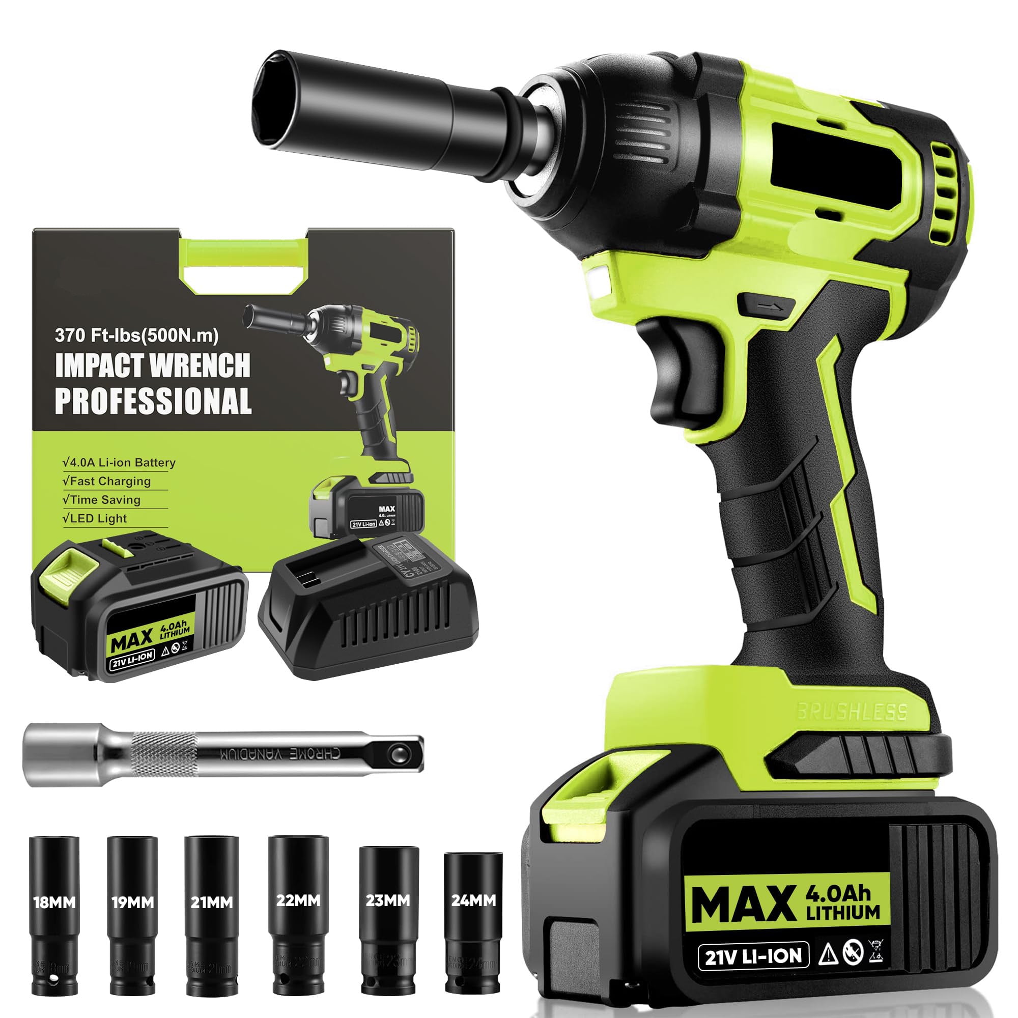 370 Ft-lbs High Torque 1/2" Cordless Impact Wrench, 21V Brushless Motor ...