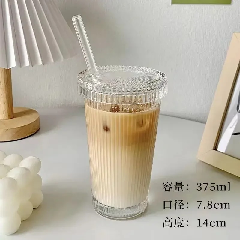 375Ml Stripe Glass Cup with Lid Straw Japanese Style Drinking Chic Mugs ...