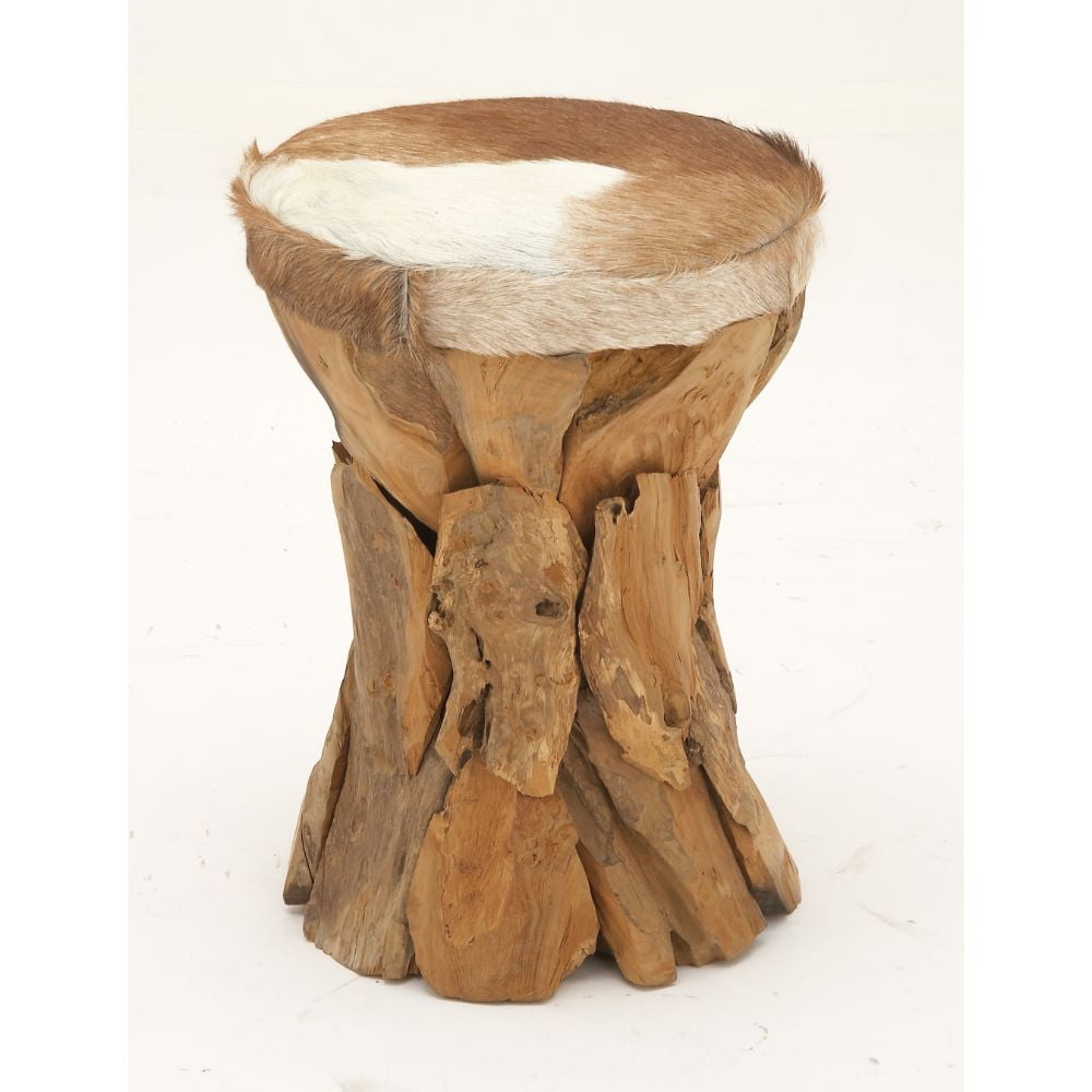 Benzara 37644 Modern Wood Hide Leather Round Stool - 21 x 21 x 14 in ...