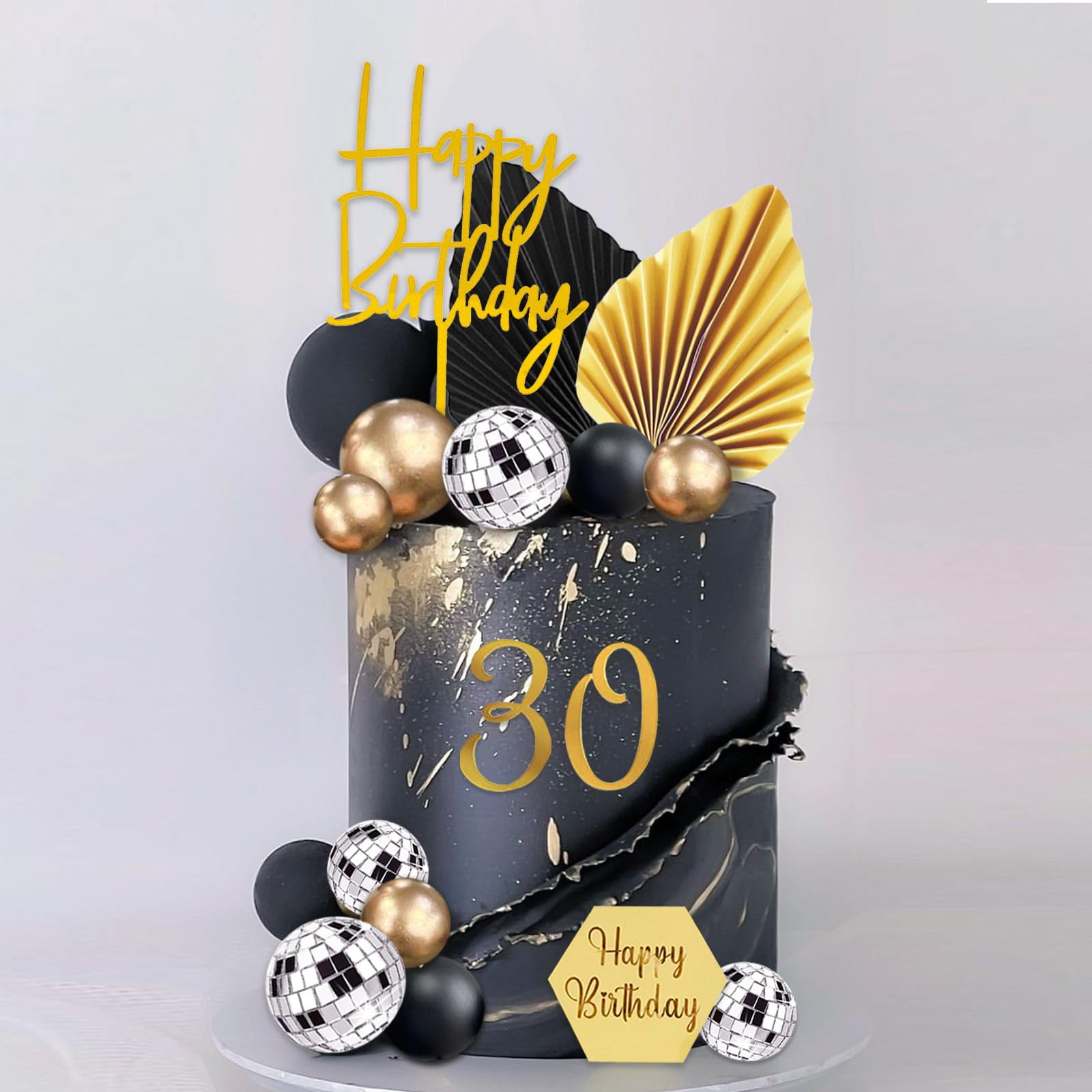 37Pcs Gold Black FEV6 Balls Cake Topper Man Cake with Disco Balls Palm ...