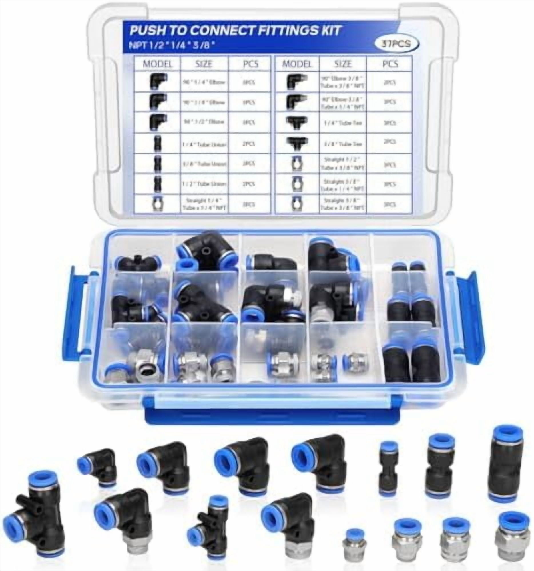 37Pcs Push to Connect Air Fittings Kit - 1/4", 3/8", 1/2" Nylon Tubing ...