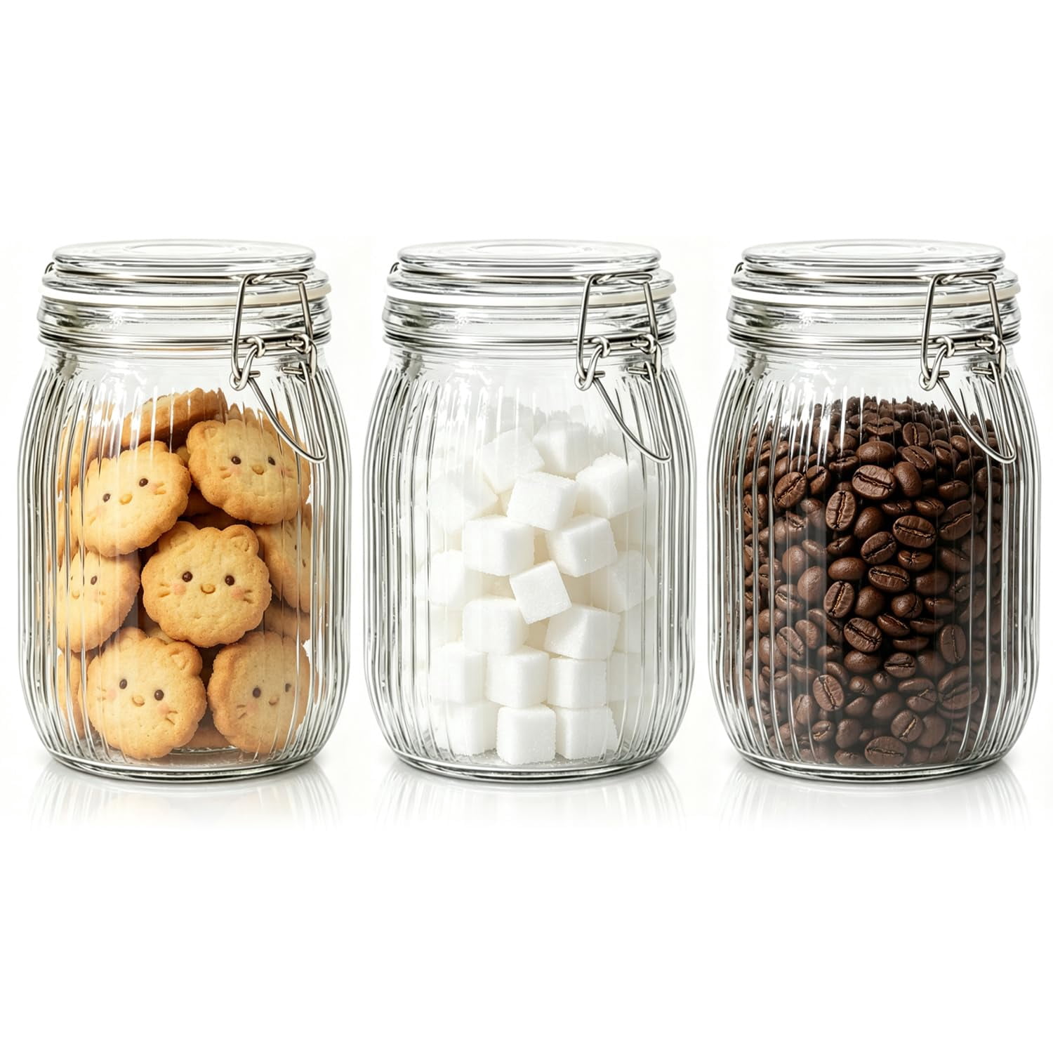 37oz*3-Ribbed Glass Food Storage Jars with Airtight Lids, Set of 3 for ...