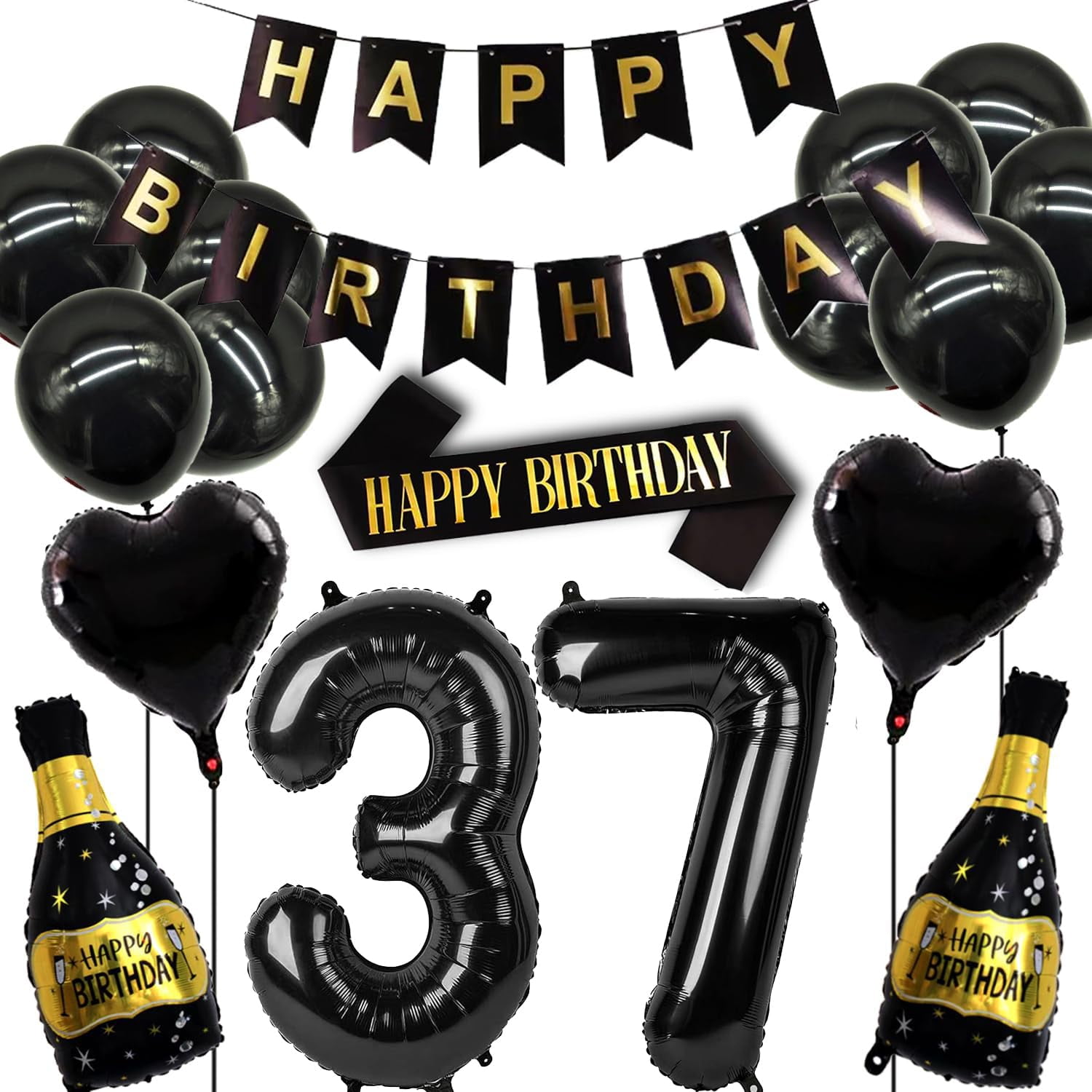 37th Birthday Decorations Set Women and Men, H2FSDBlack Gold 37 ...