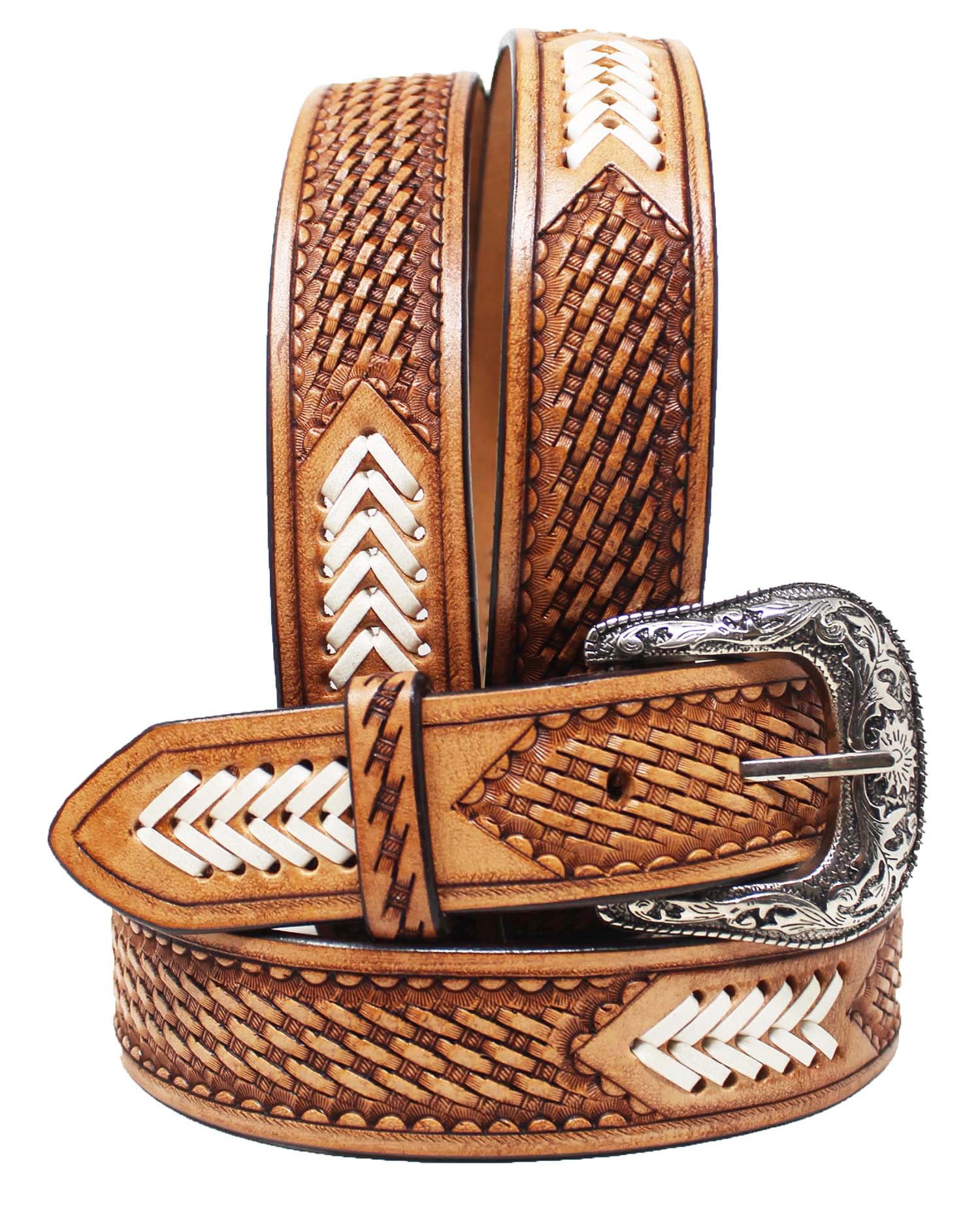 38 1-1/2" Wide Western Basket Weave Tooled Rawhide Braided Full-Grain ...