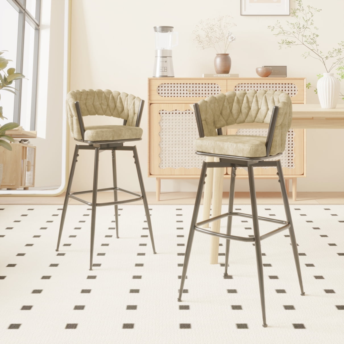 38.19'' Bar Stools Set of 2, Swivel Suede Counter Chair with Woven ...