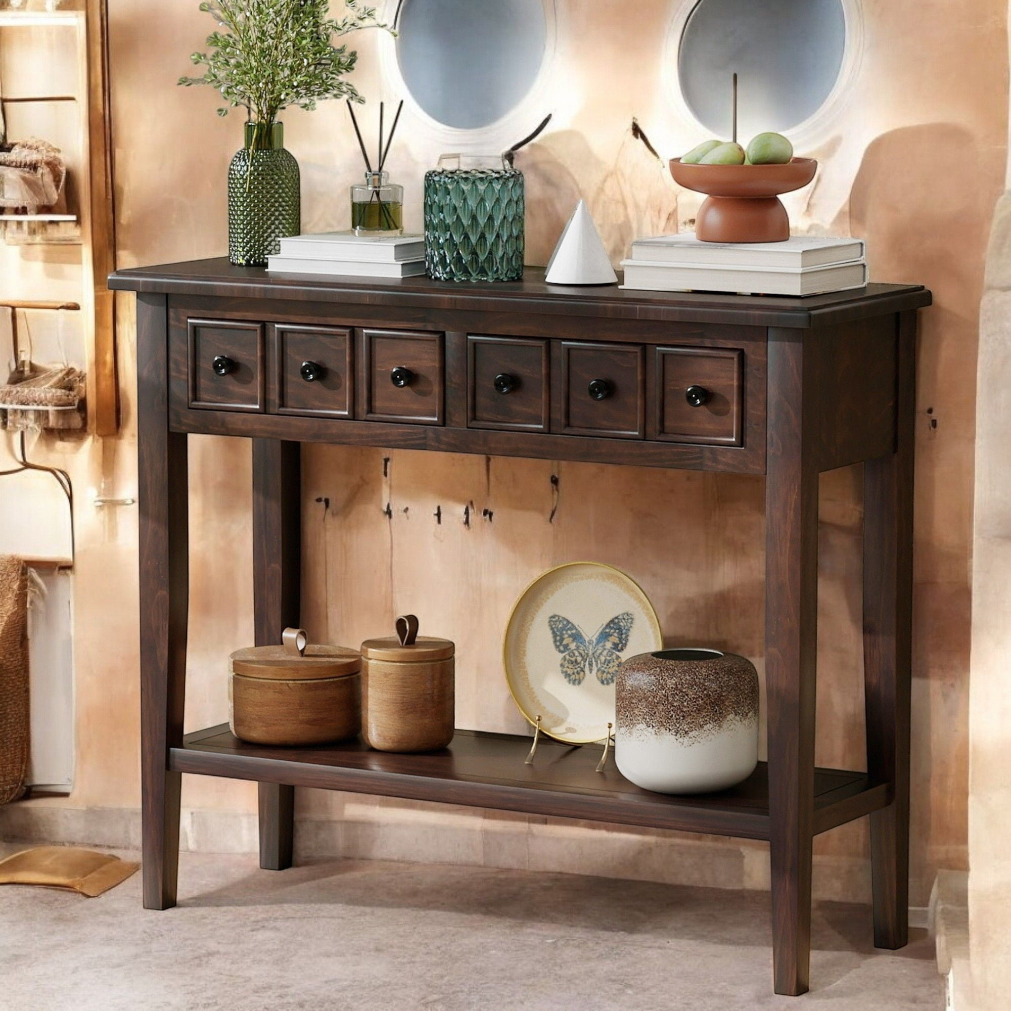 38.20 Inch Narrow Console Table with Decorative Drawer Fronts and Lower ...