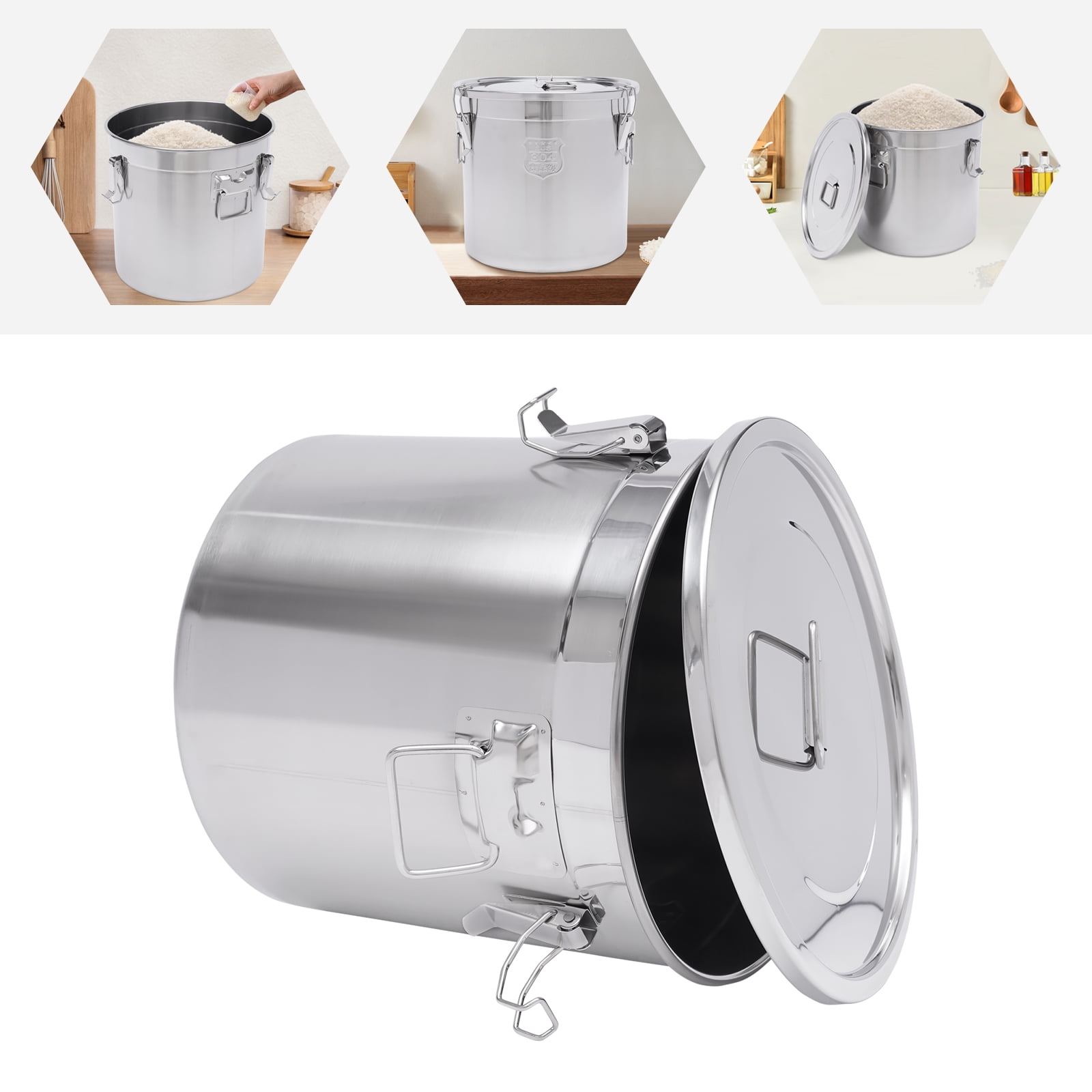 38*36cm 33L Silver Cylinder Airtight Canister Kitchen Stainless Steel ...