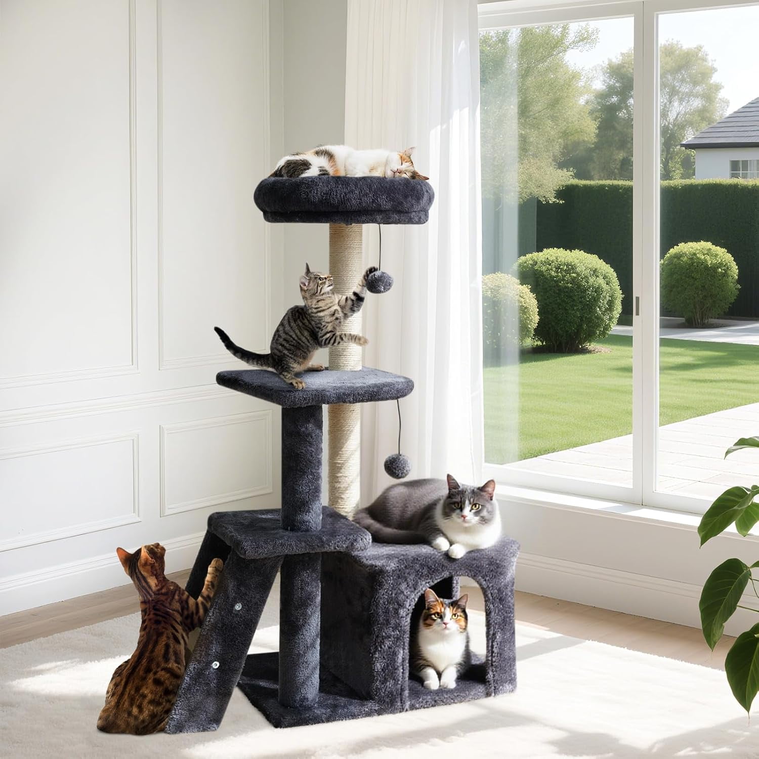 38.4'' Cat Tree Tower with Climbing Ladder, Cats Tree Scratching Post ...