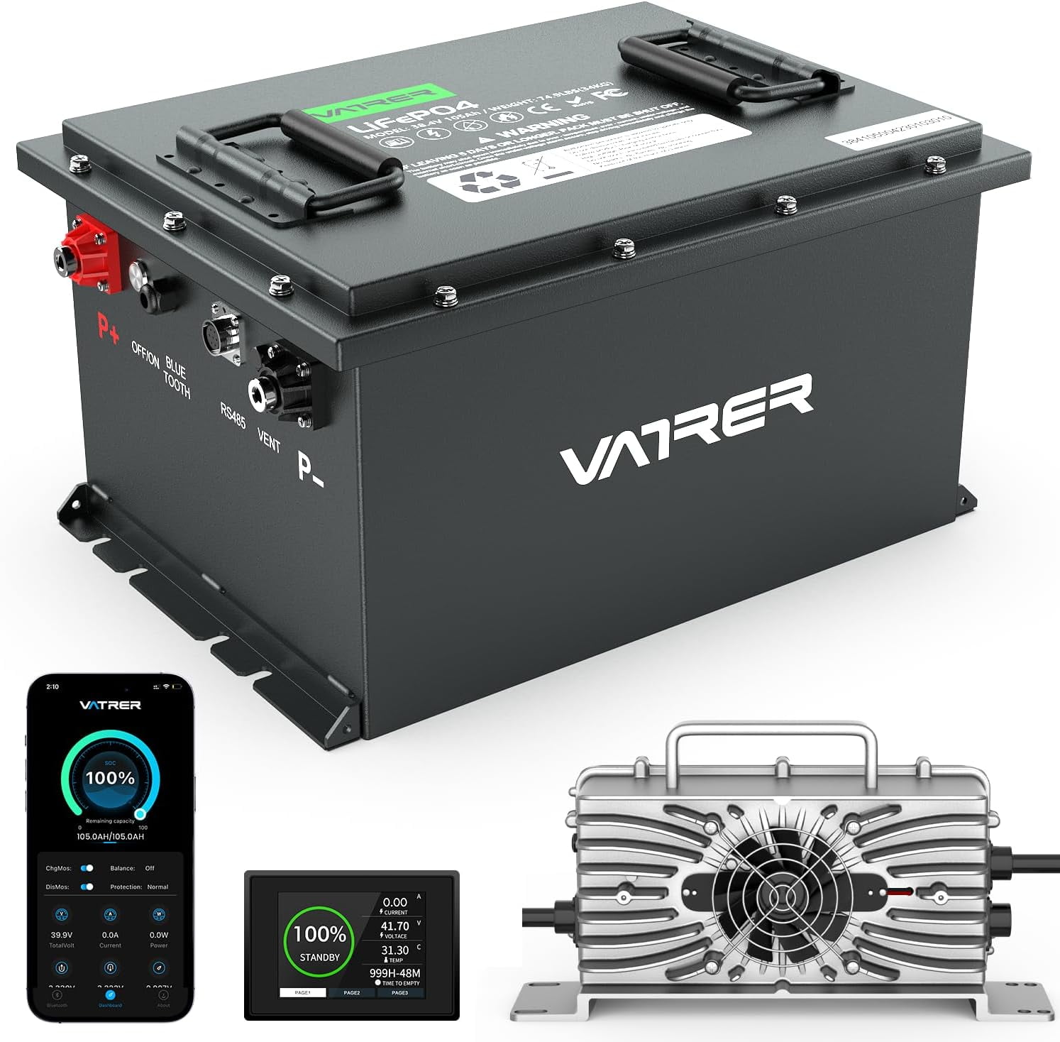 VATRER POWER 38.4V 105Ah LiFePO4 Golf Cart Battery, Built-in Smart 200A ...