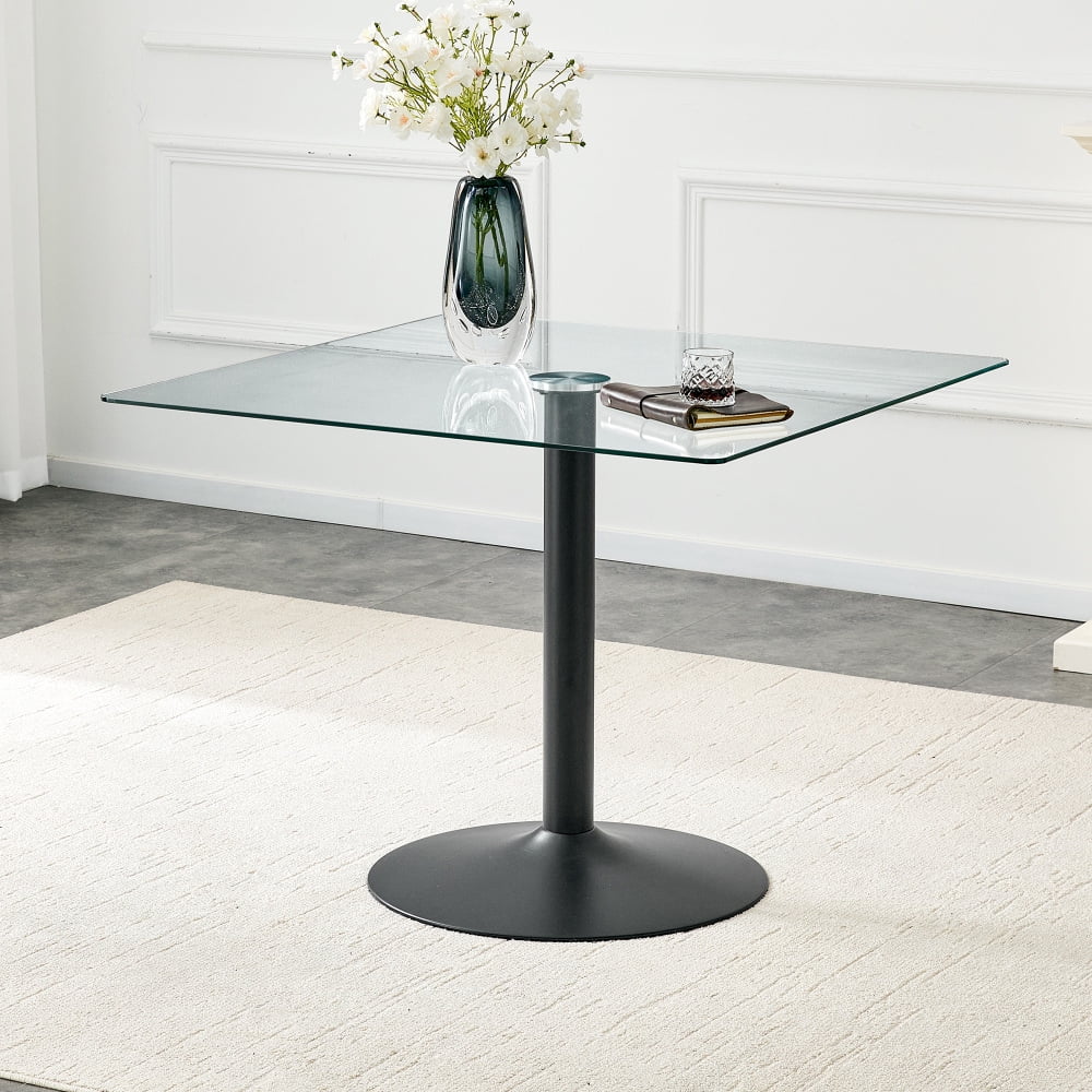 38.5" Square Glass Dining Table, Modern Minimalist with Metal Single ...