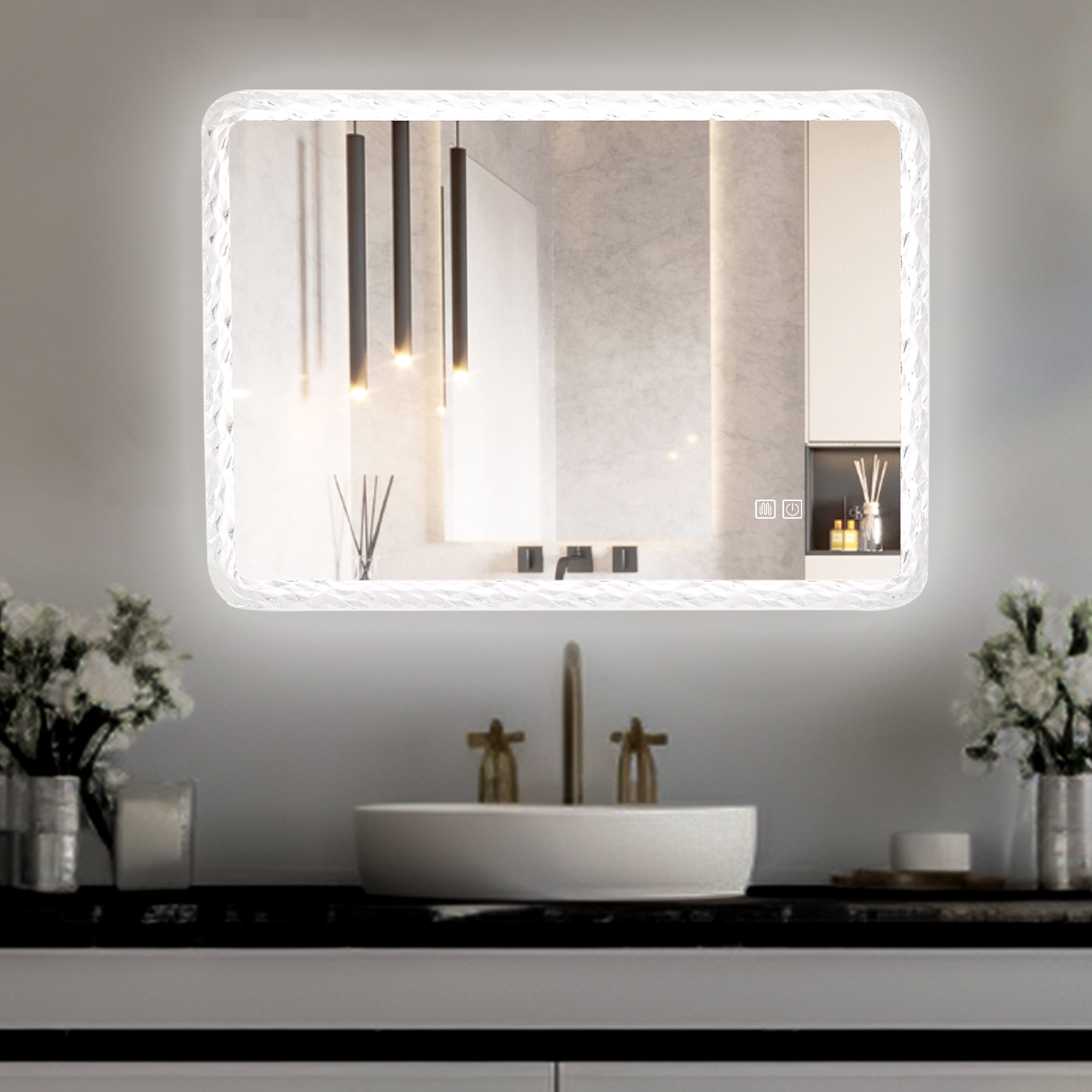 38.5X25 Inches Bathroom Mirror with LED Lights, Smart Mirror with Anti ...