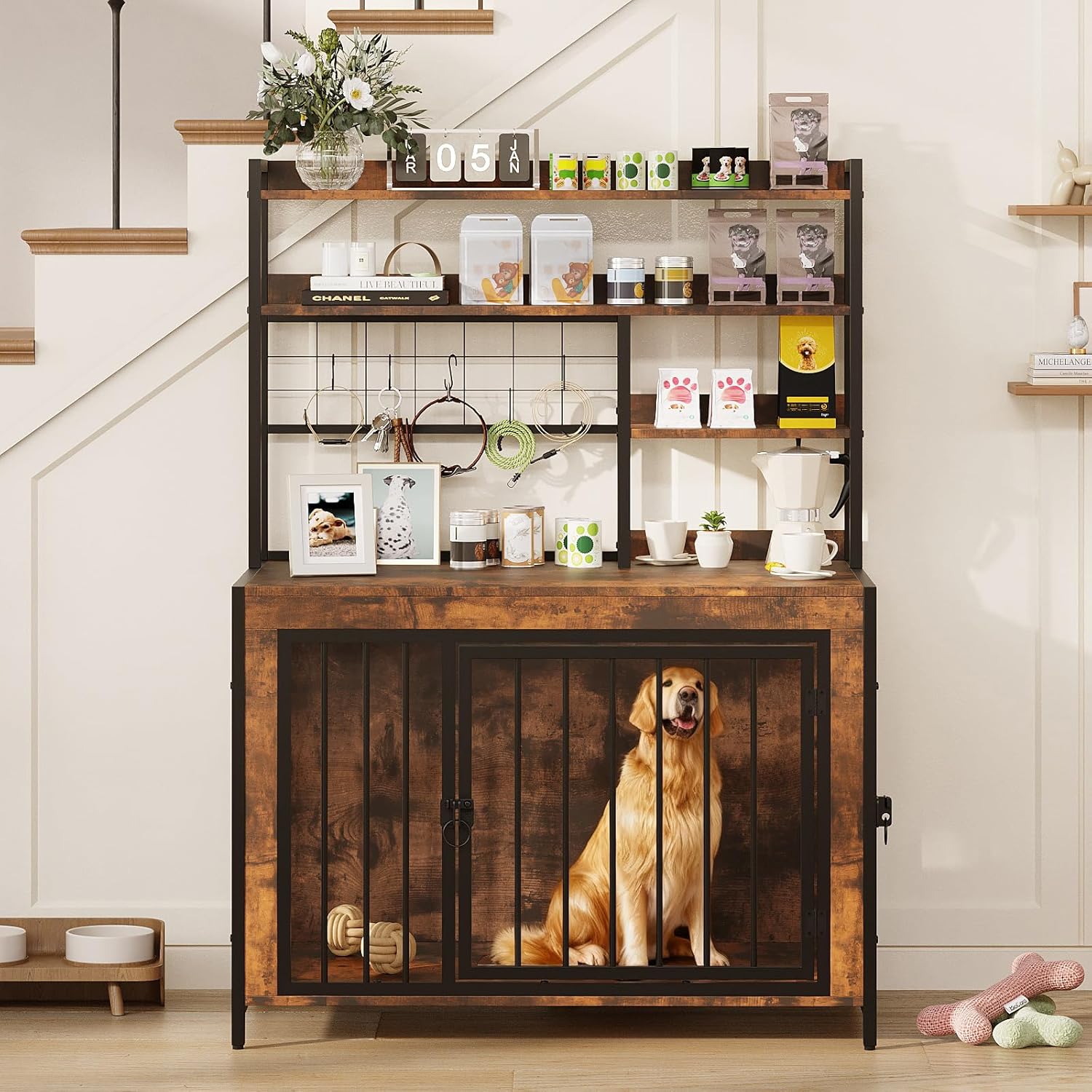 38.6" Dog Crate Furniture with Storage Shelves, Double Doors, Heavy ...
