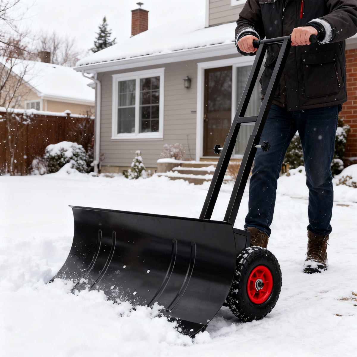 38.6" Snow Pusher, Dual Bar Snow Shovel with 10" Wheels, Blade Snow ...