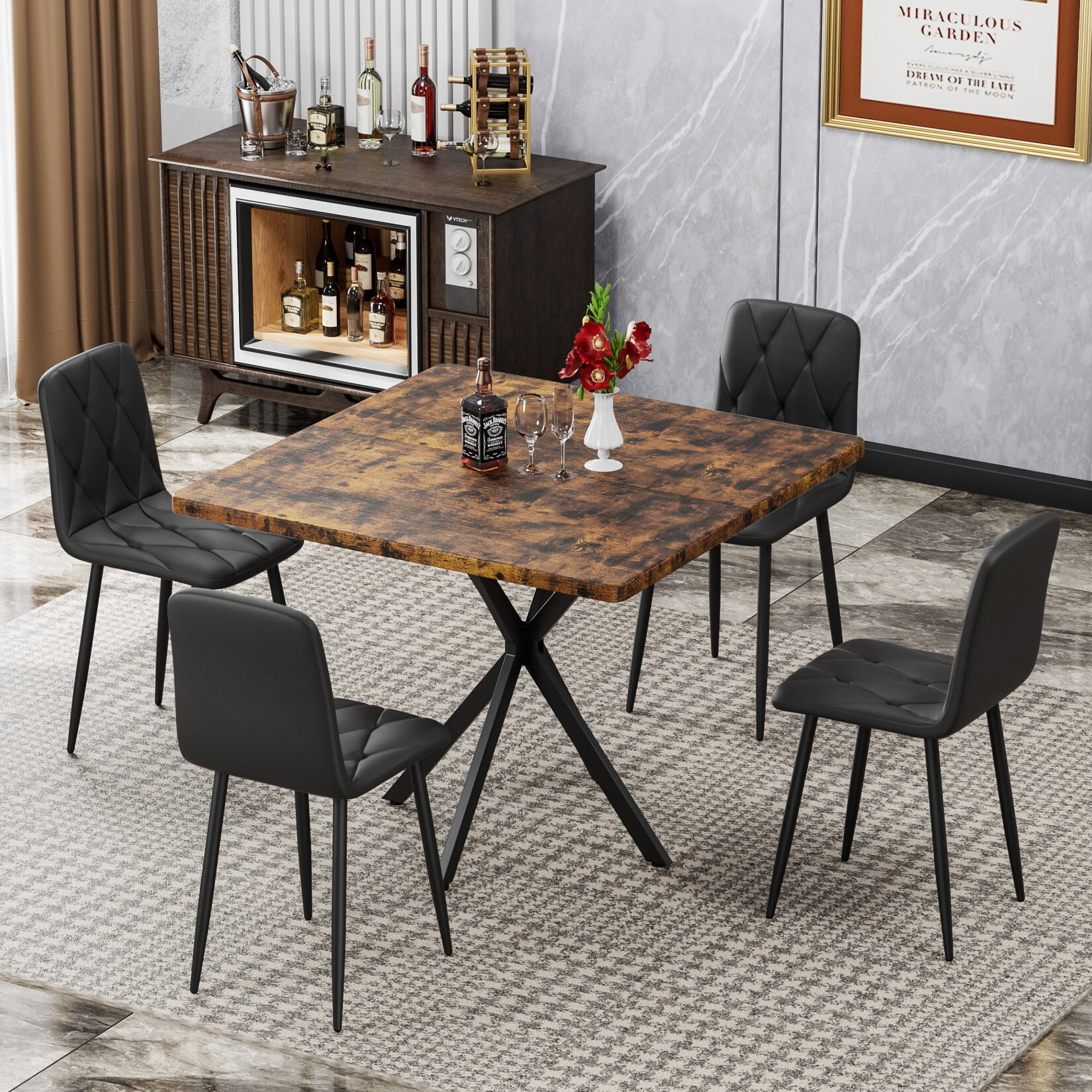 38.6" Square Dining Table Set for 4 with PU Chairs, Modern Faux Marble ...