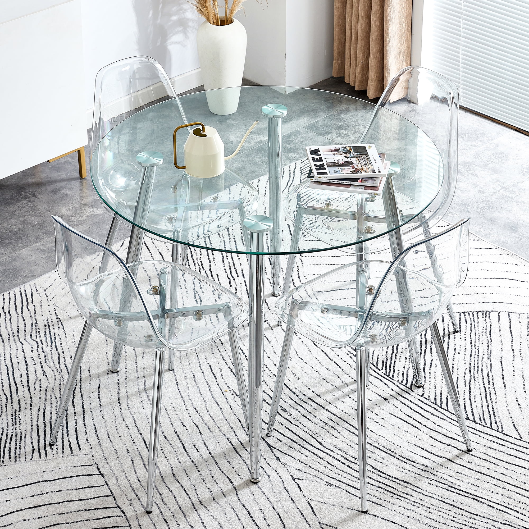 38.6" Transparent Tempered Glass Round Dining Table Set with 4 Clear ...
