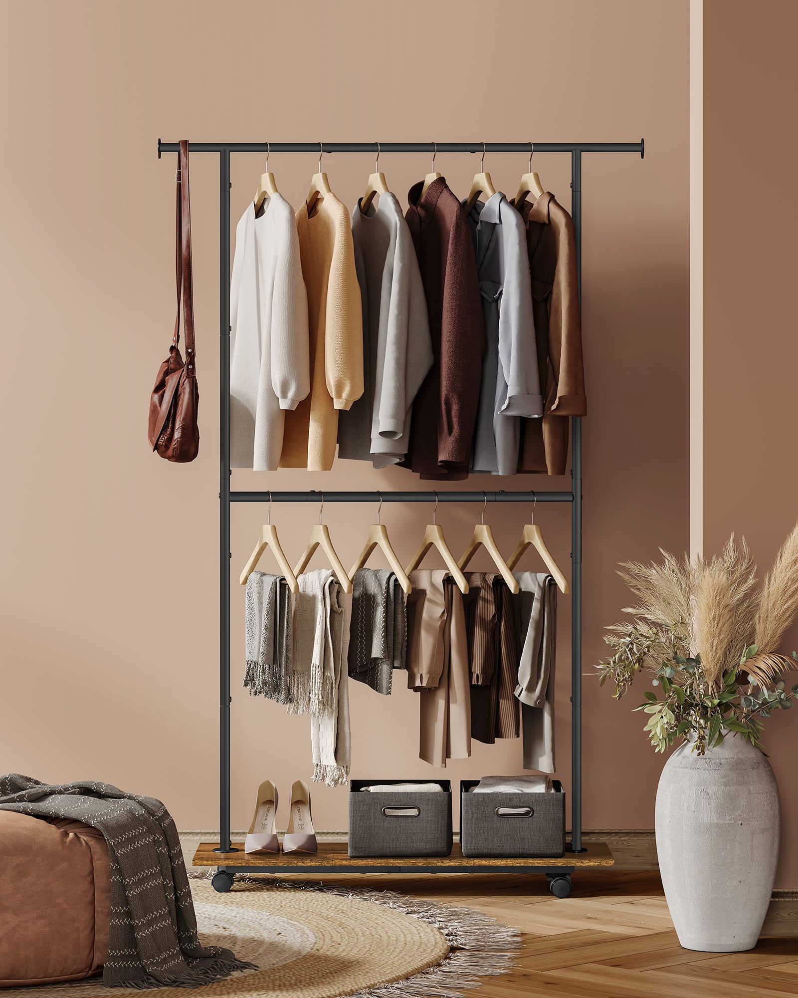 38.8" Adjustable Garment Rack with Wheels & Shelf, Heavy-Duty Clothes ...