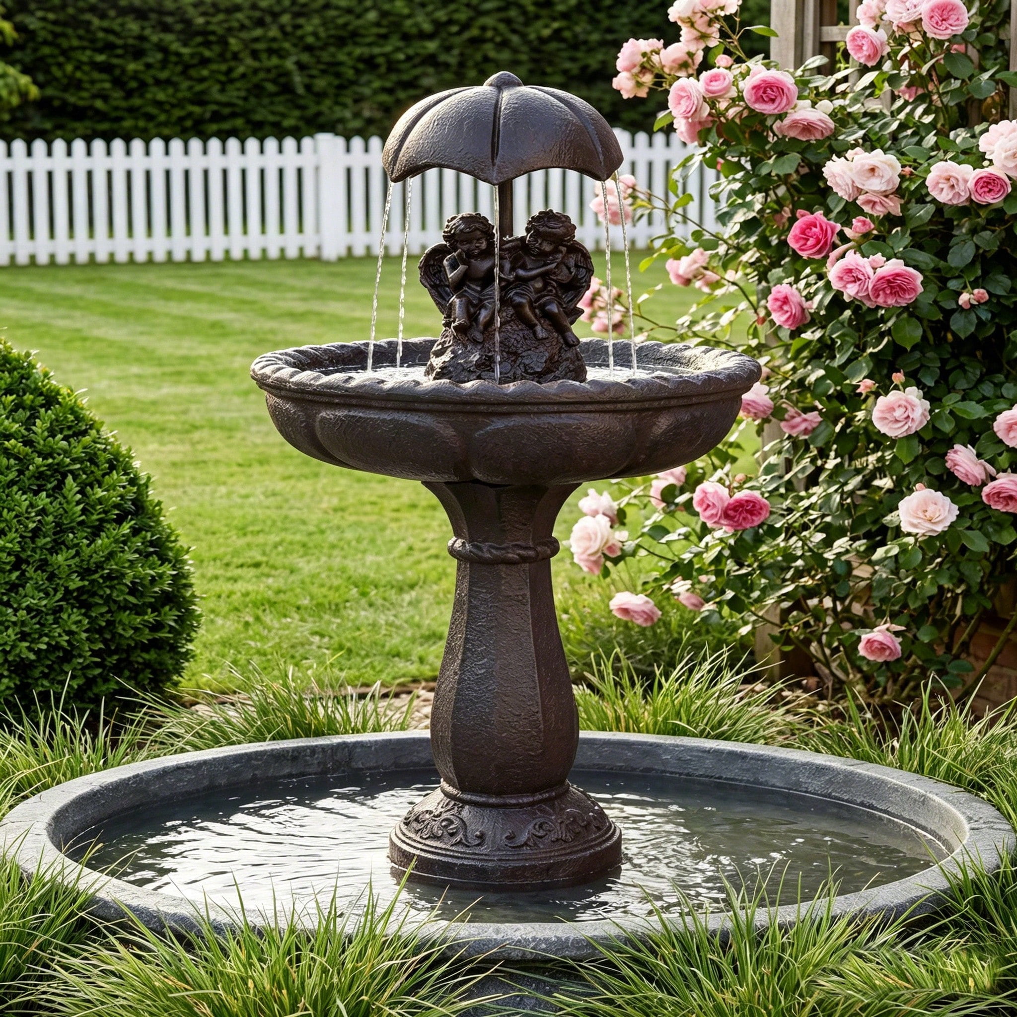 38.8 Inch Classical Cherub Angel Pedestal Water Fountain, 2-Tier ...