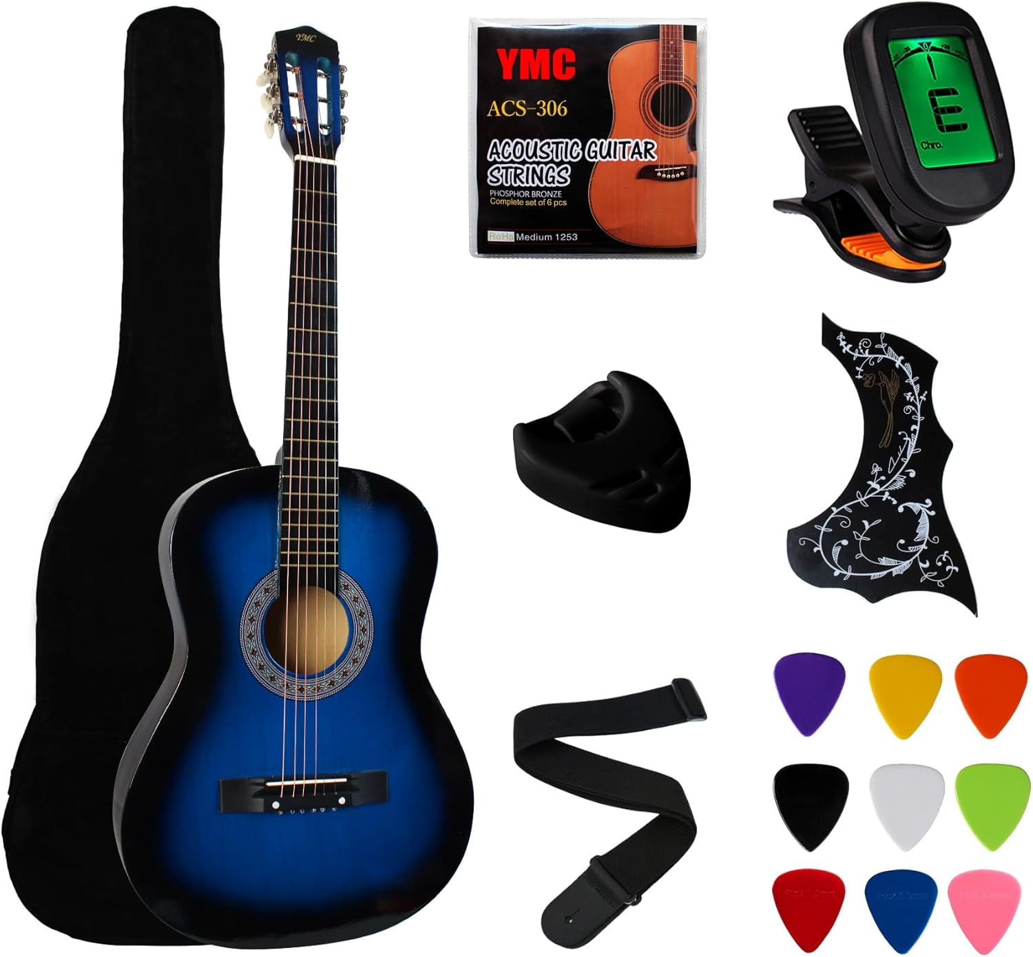 38" Blue Beginner Acoustic Guitar Starter Package Student Guitar with ...