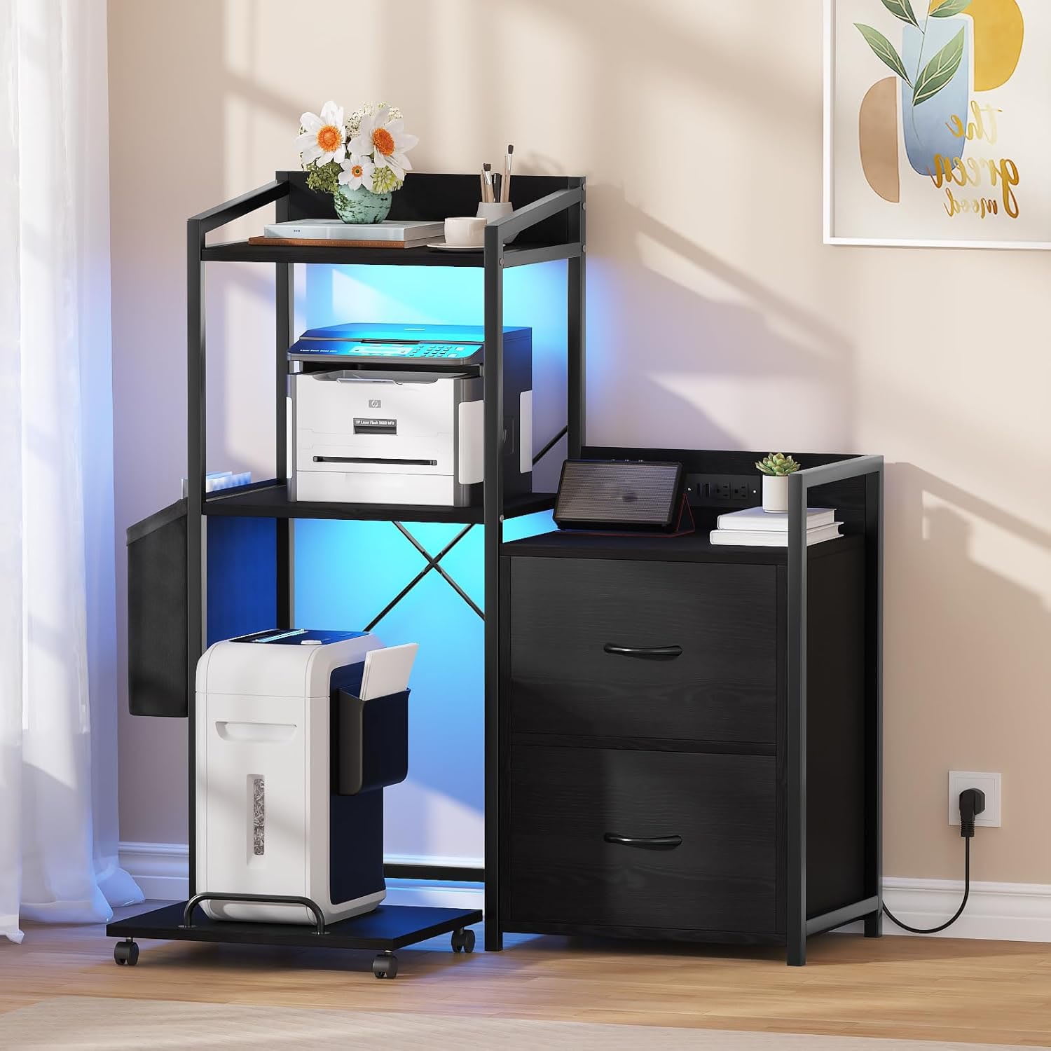 38" File Cabinet with LED Lights & Charging Station Shredder & PC Tower ...