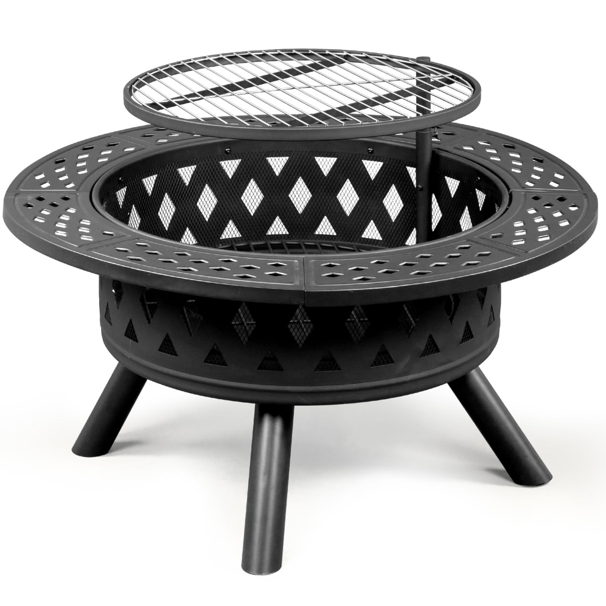 38" Fire Pit with Grill, Outdoor Wood Burning Adjustable Cooking Grate ...