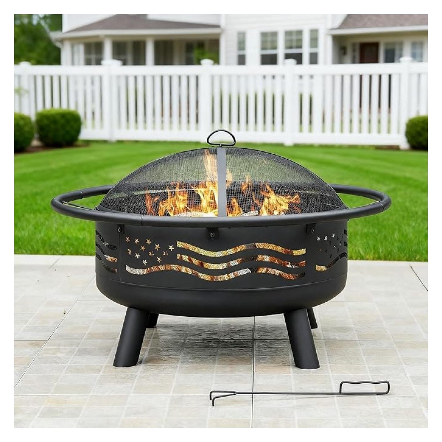 38 Inch American Flag with Mesh Cover & , Round Metal Wood Burning ...