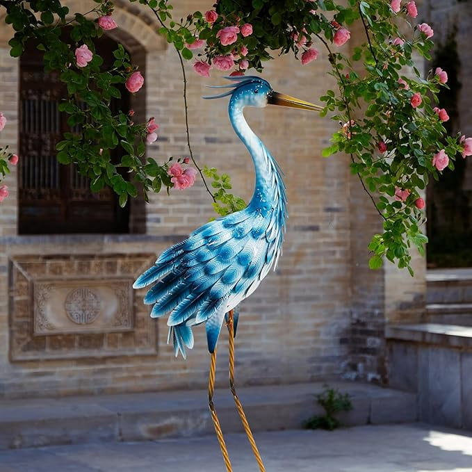 38 Inch Blue Heron Garden Statues, Crane Statue for Garden Decor, Metal ...