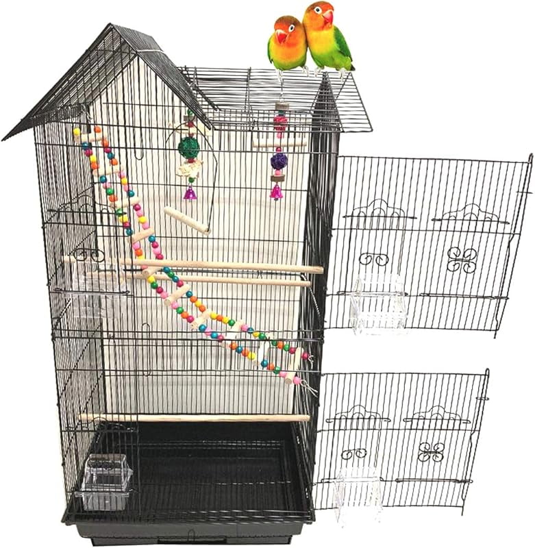 MY 38-Inch Double Roof Top Large Flight Bird Cage with Toys Climbing ...