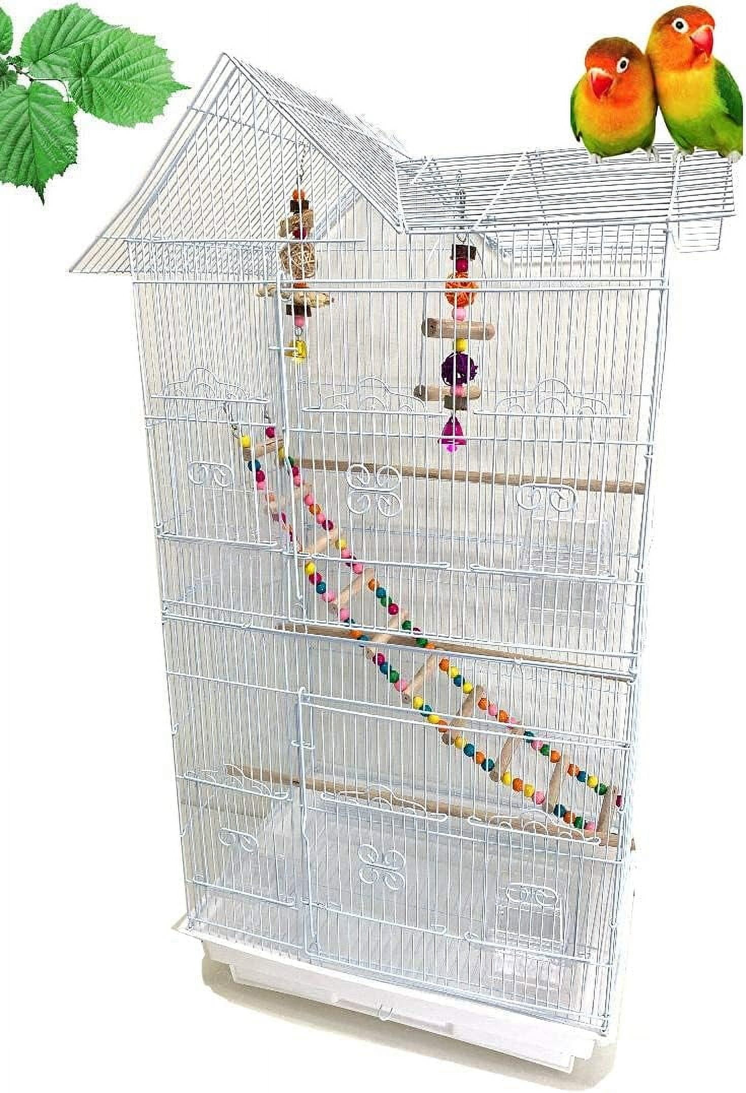 38-Inch Double Roof Top Large Flight Bird House Cage with Toys & Climbing Ladder for Cockatiels ...