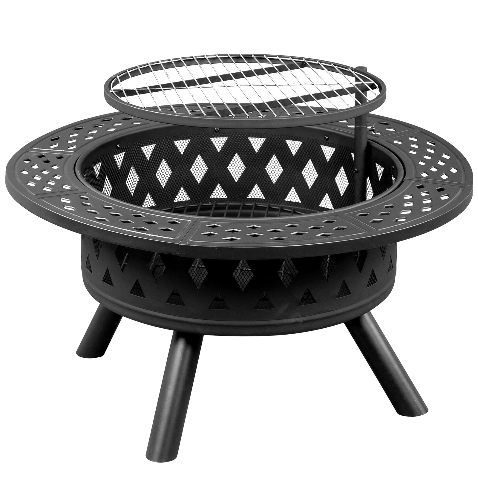 38 Inch Fire Pit with Cooking Grate & Charcoal Pan, Outdoor Wood ...