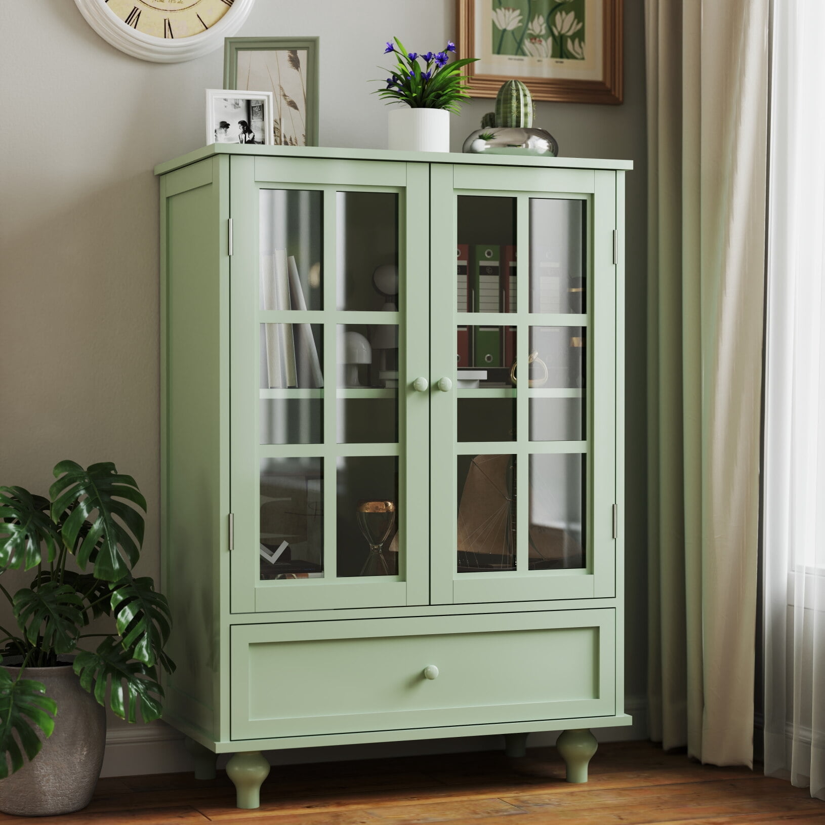 38 Inch Modern Buffet Cabinet with Double Glass Doors and Large Drawer ...