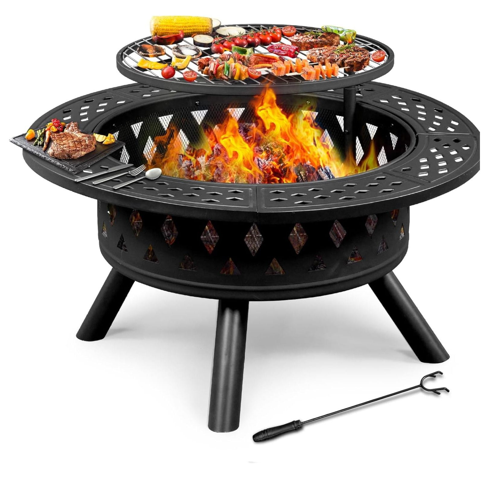, 38 Inch Outdoor Wood Burning Firepits with Swivel Steel BBQ Cooking ...