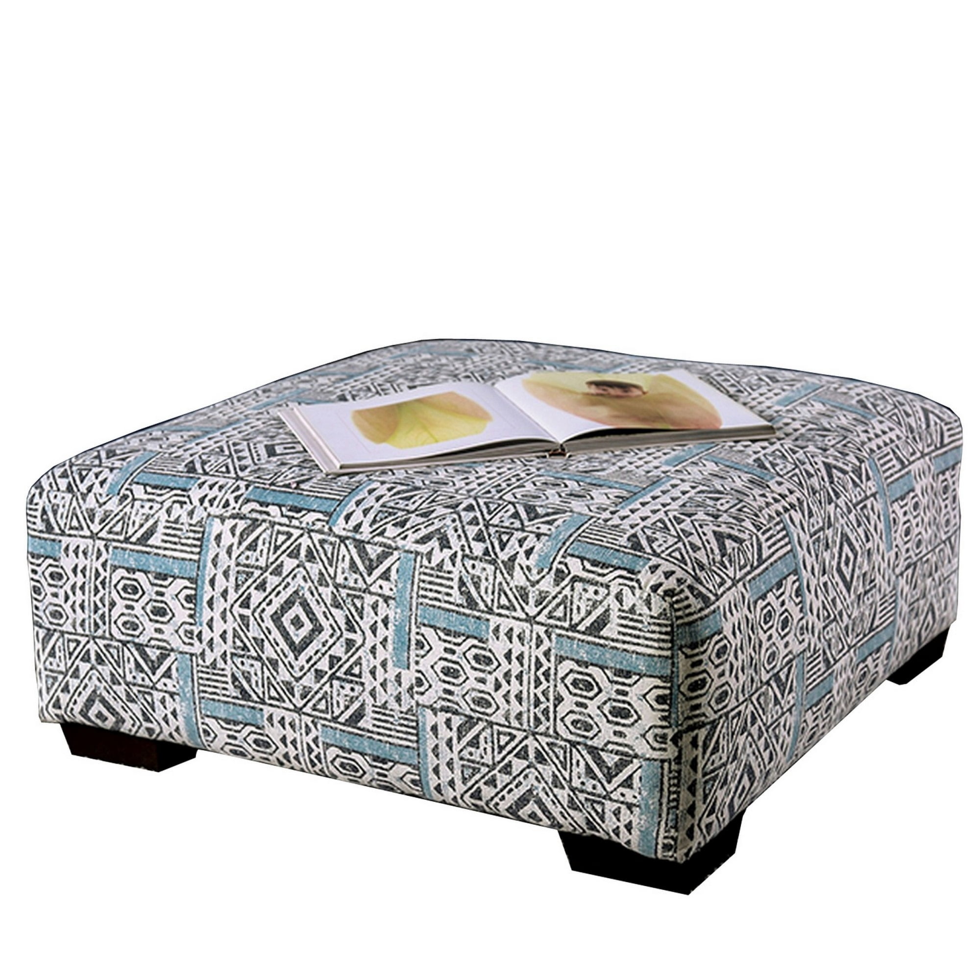 38 Inch Square Ottoman, Modern Style, Tribal Patterns, Blue Chenille ...