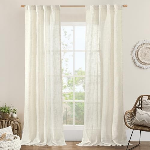38 Inch Width Semi Sheer Linen Curtains 2 Panels, Cream Ivory Light ...